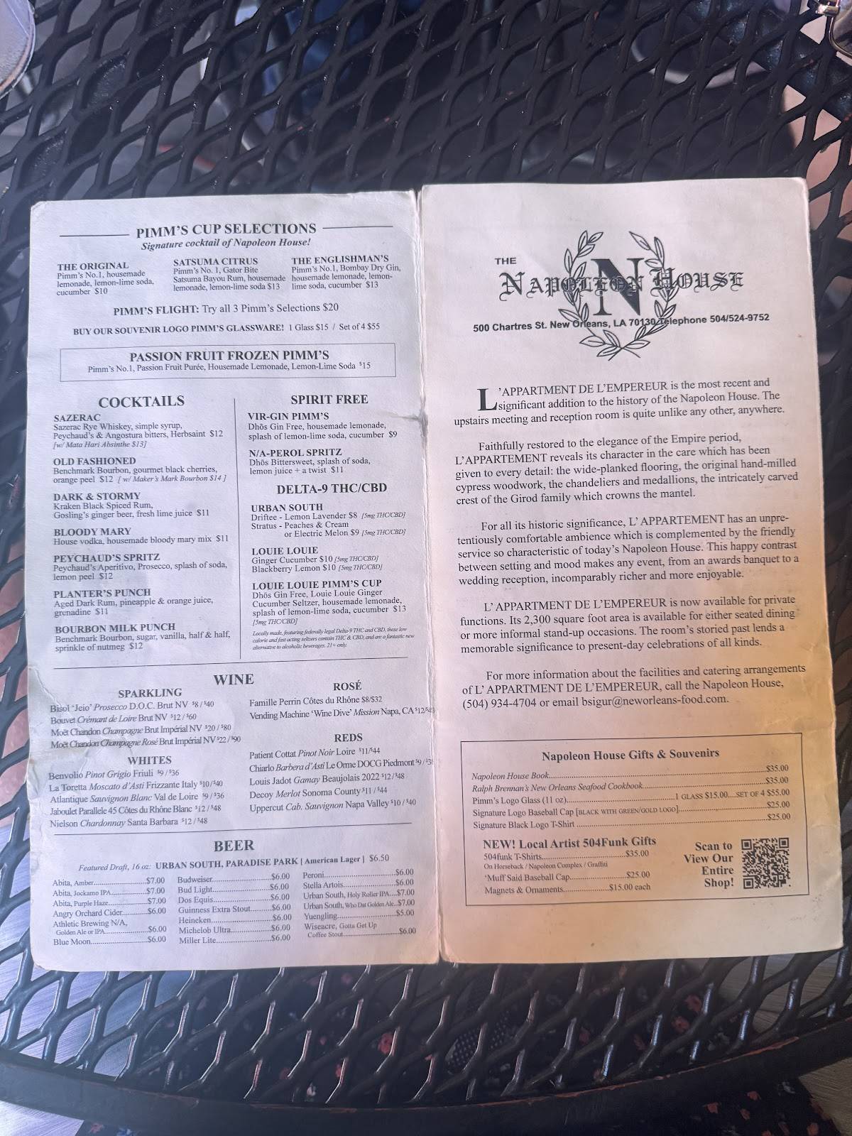 Menu at Napoleon House pub & bar, New Orleans