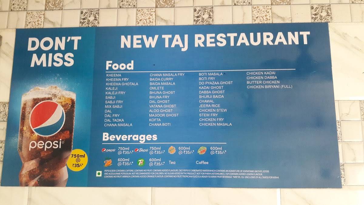 Menu at New Taj Restaurant, Mumbai