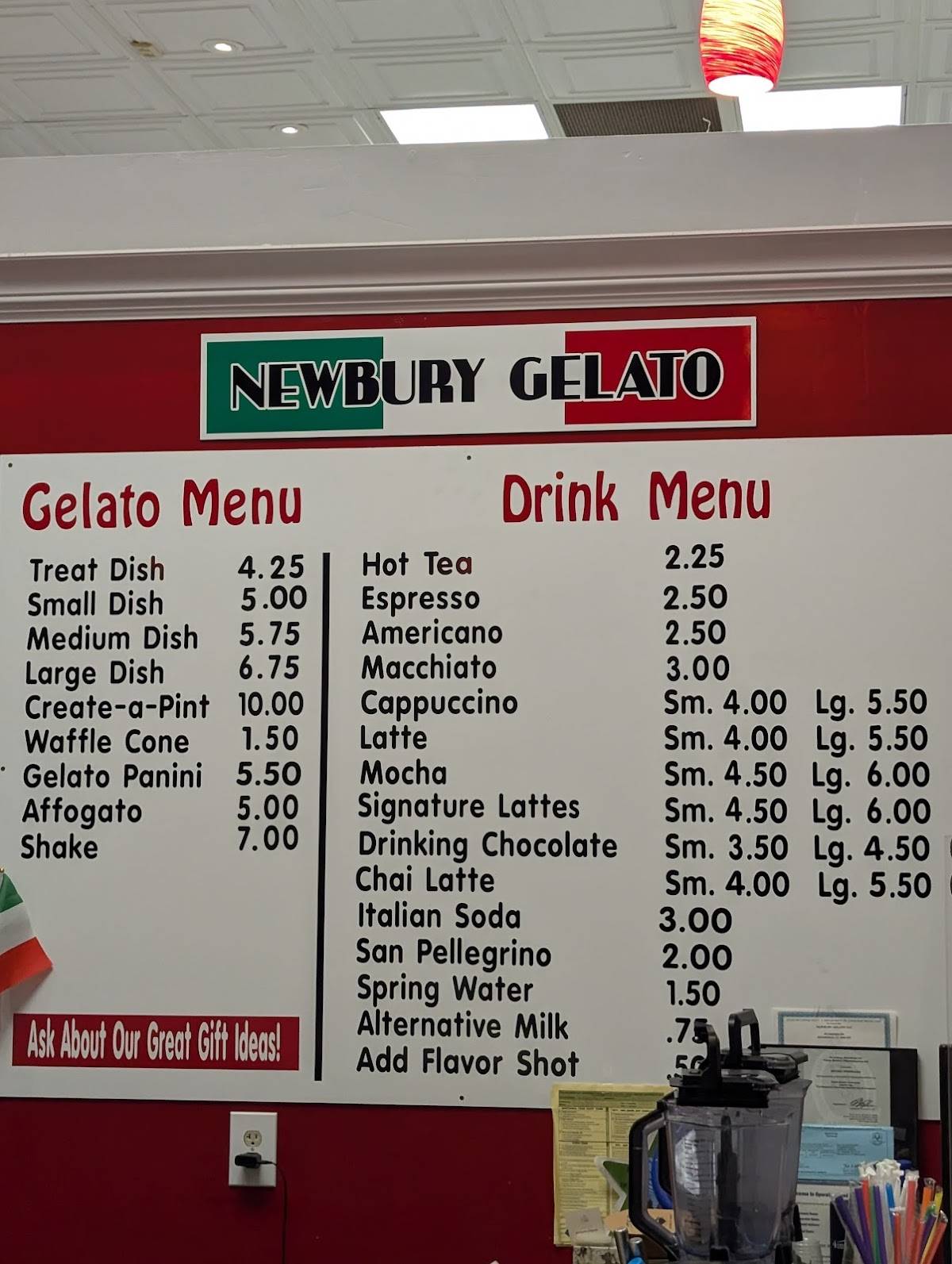 Menu at Newbury Gelato, Brookfield