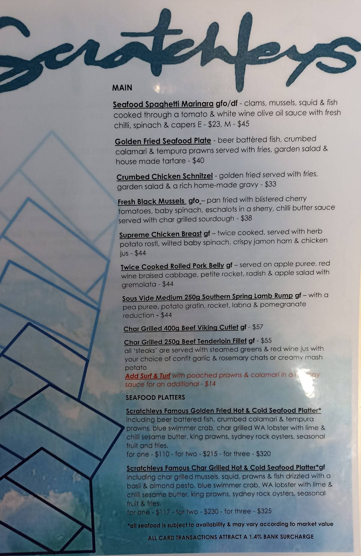 Menu at Scratchleys on the Wharf restaurant, Newcastle, 200 Wharf Rd