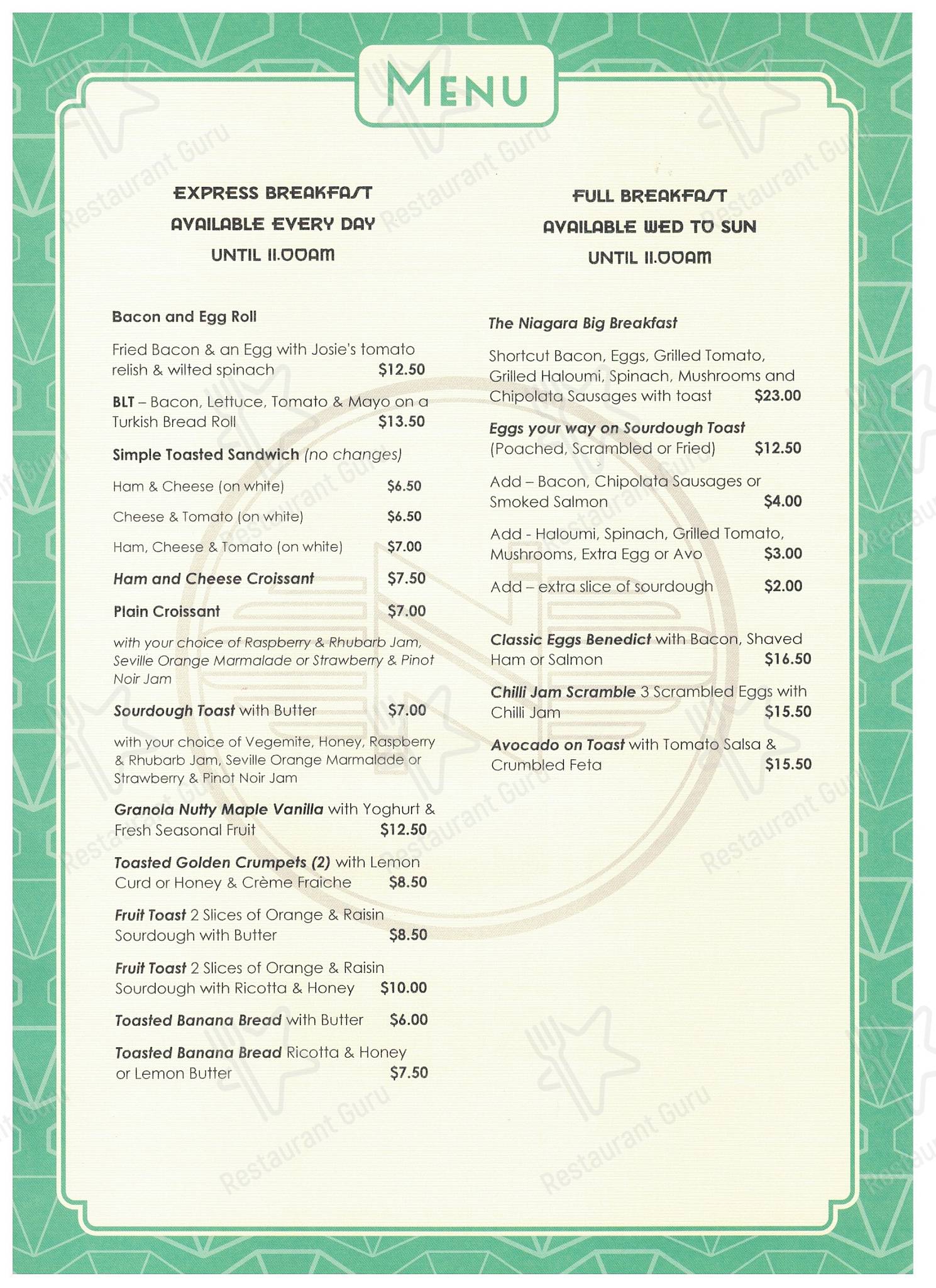 Menu at Niagara Cafe, Gundagai