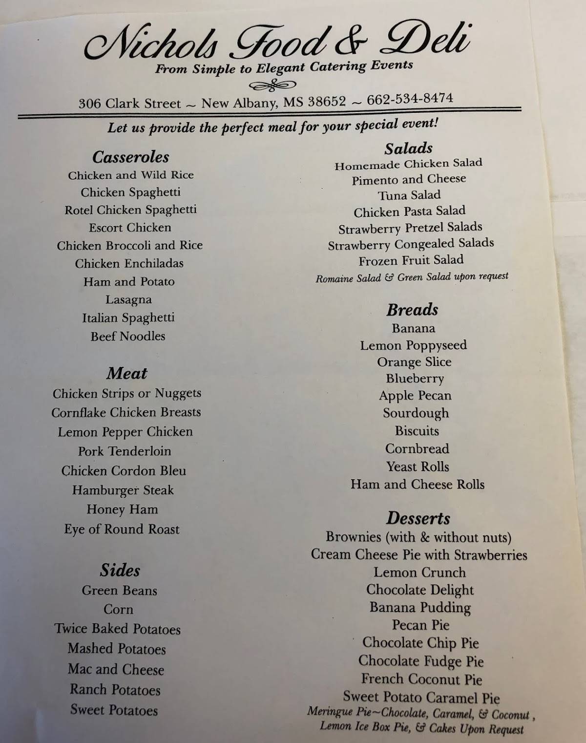 Menu at Nichols Foods & Deli restaurant, New Albany