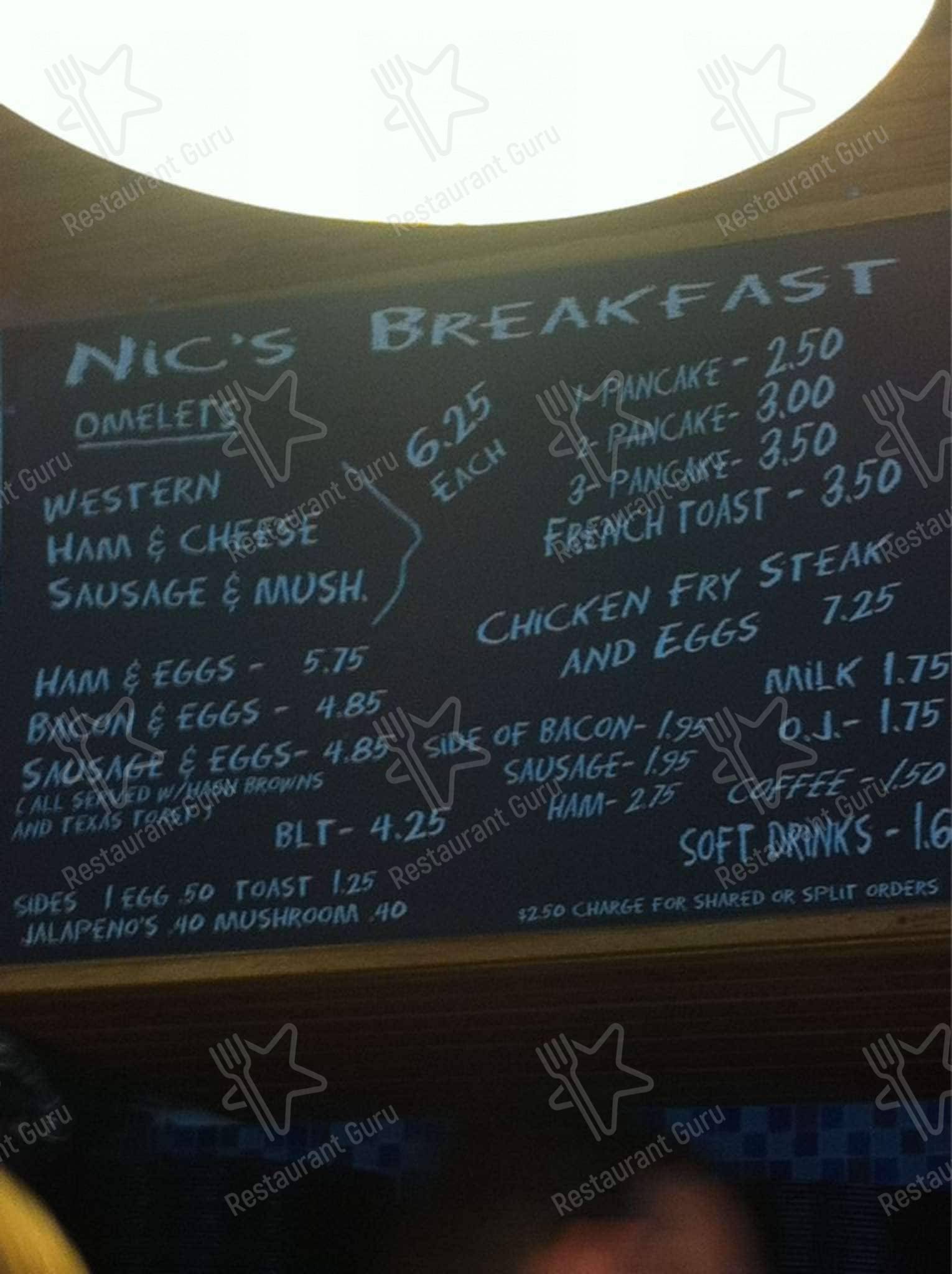 Menu at Nic's Grill restaurant, Oklahoma City