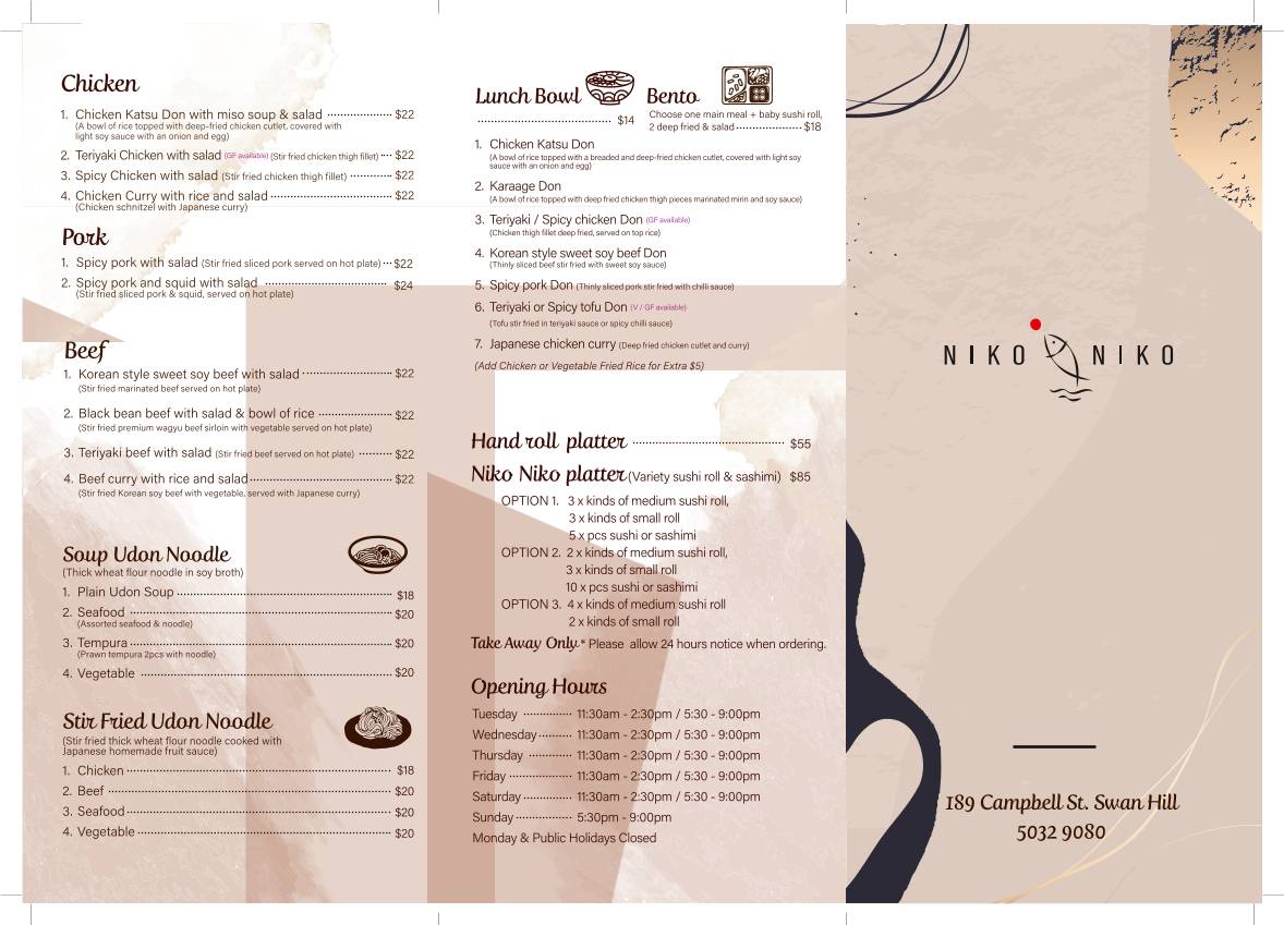 Menu at Niko Niko restaurant, Swan Hill