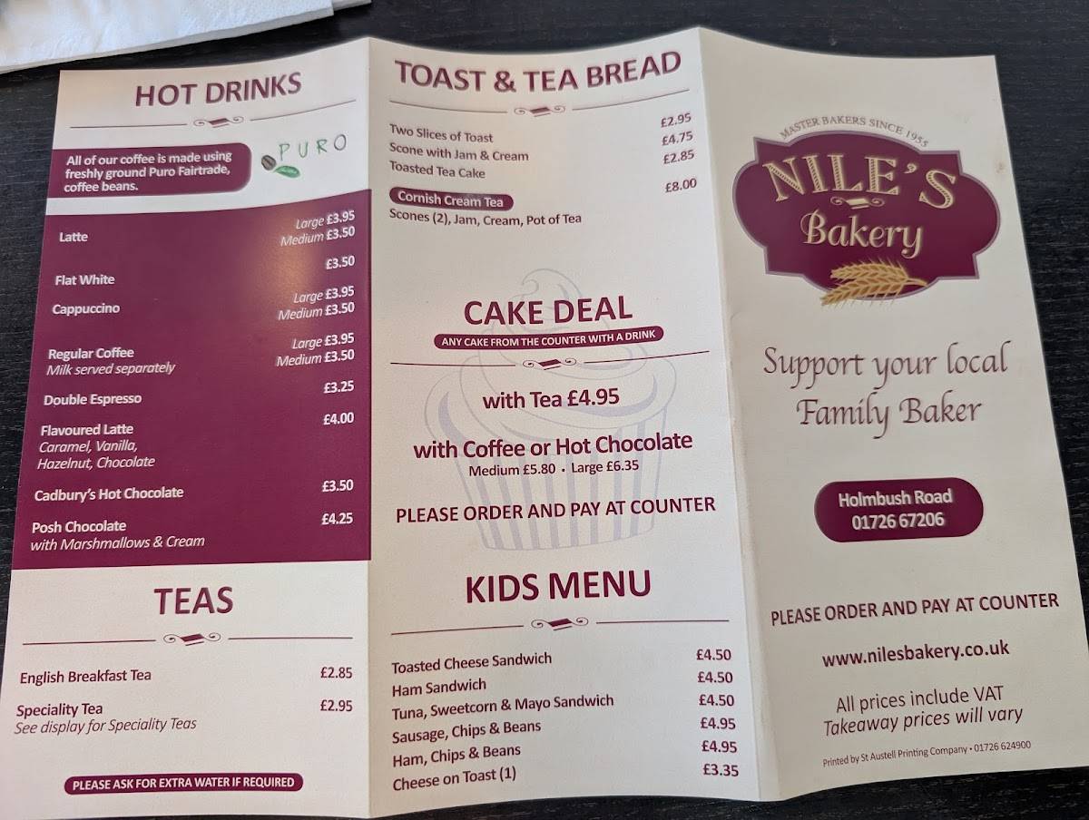 Menu at Nile's Bakery & Cafe, Saint Austell, Holmbush Cafe