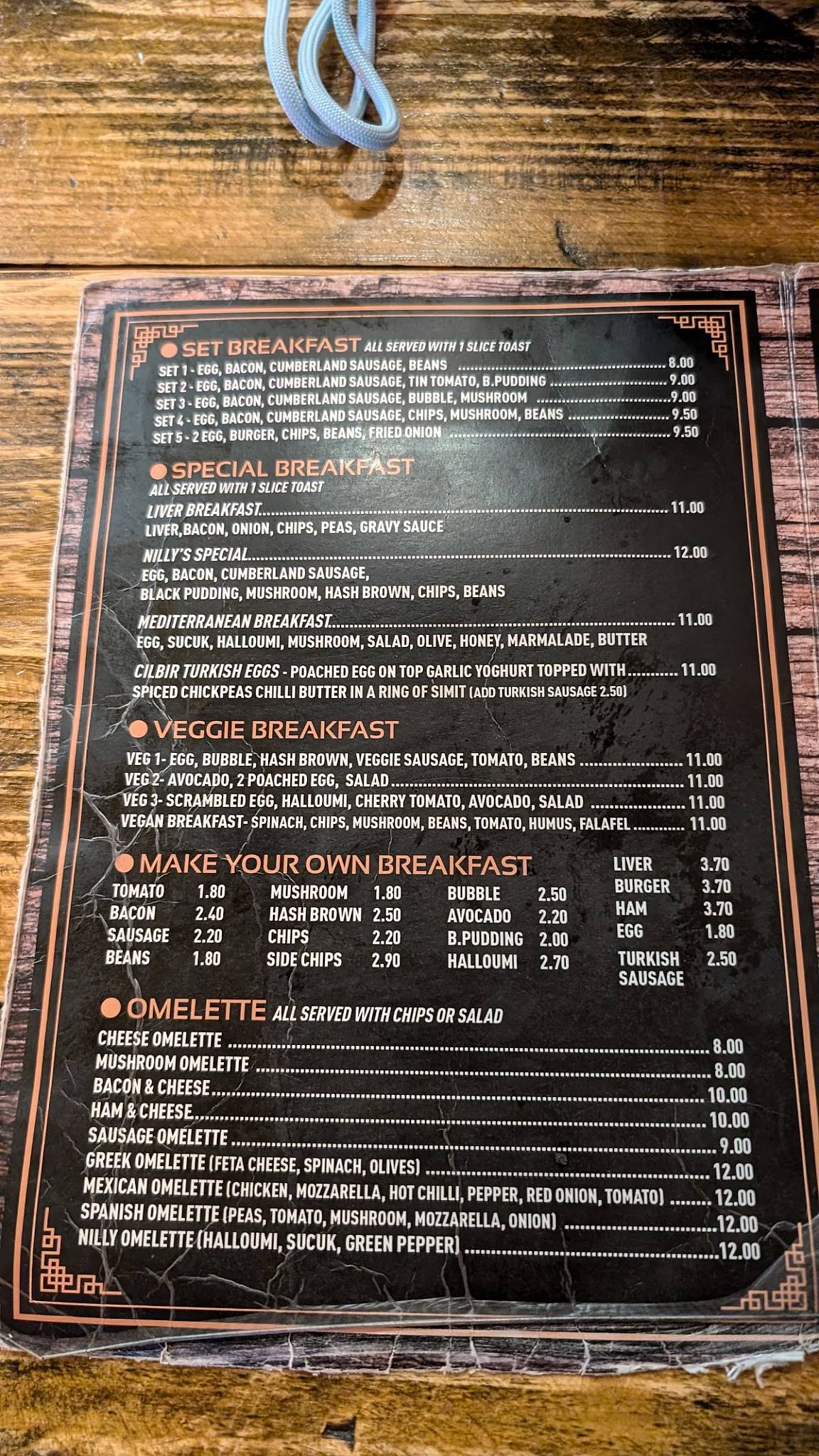 Menu at Nilly's Cafe, London