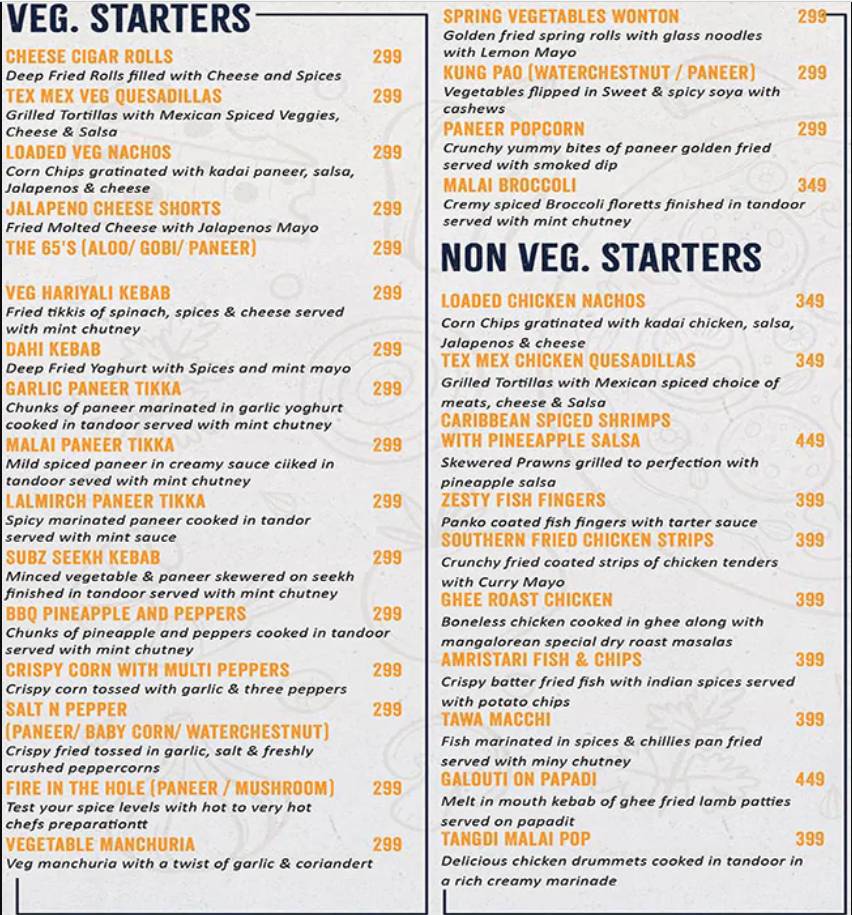Menu at Nine O Nine, Hyderabad