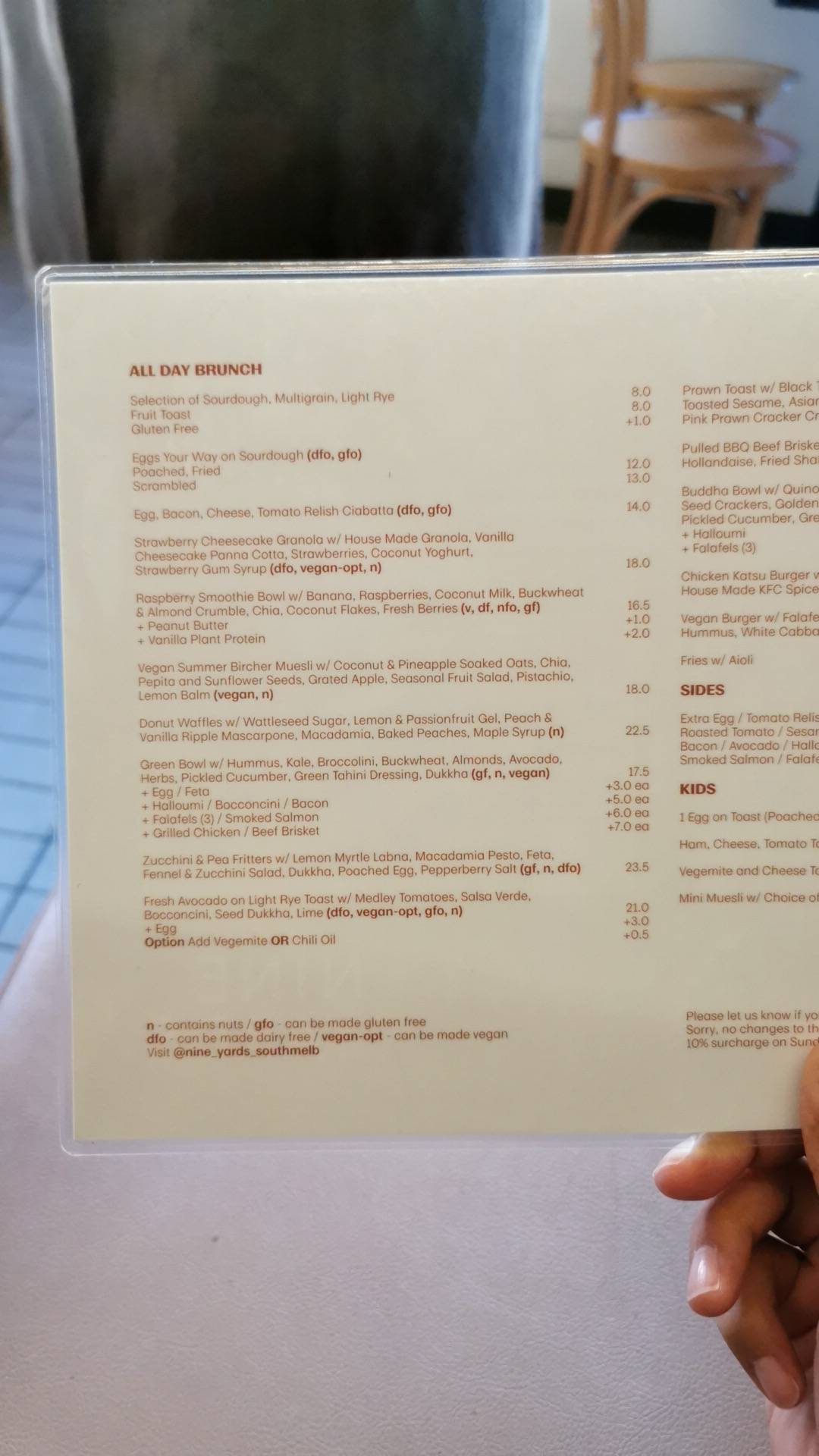 Menu at Nine Yards South Melbourne cafe, South Melbourne