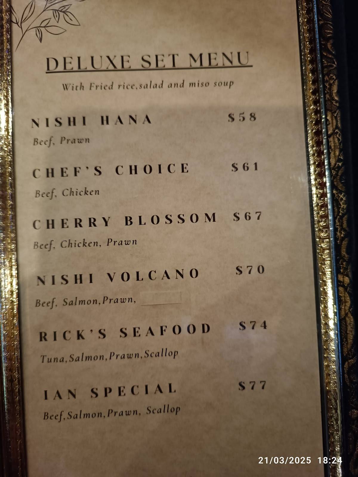 Menu at Nishi Japanese & Teppanyaki restaurant, Myaree