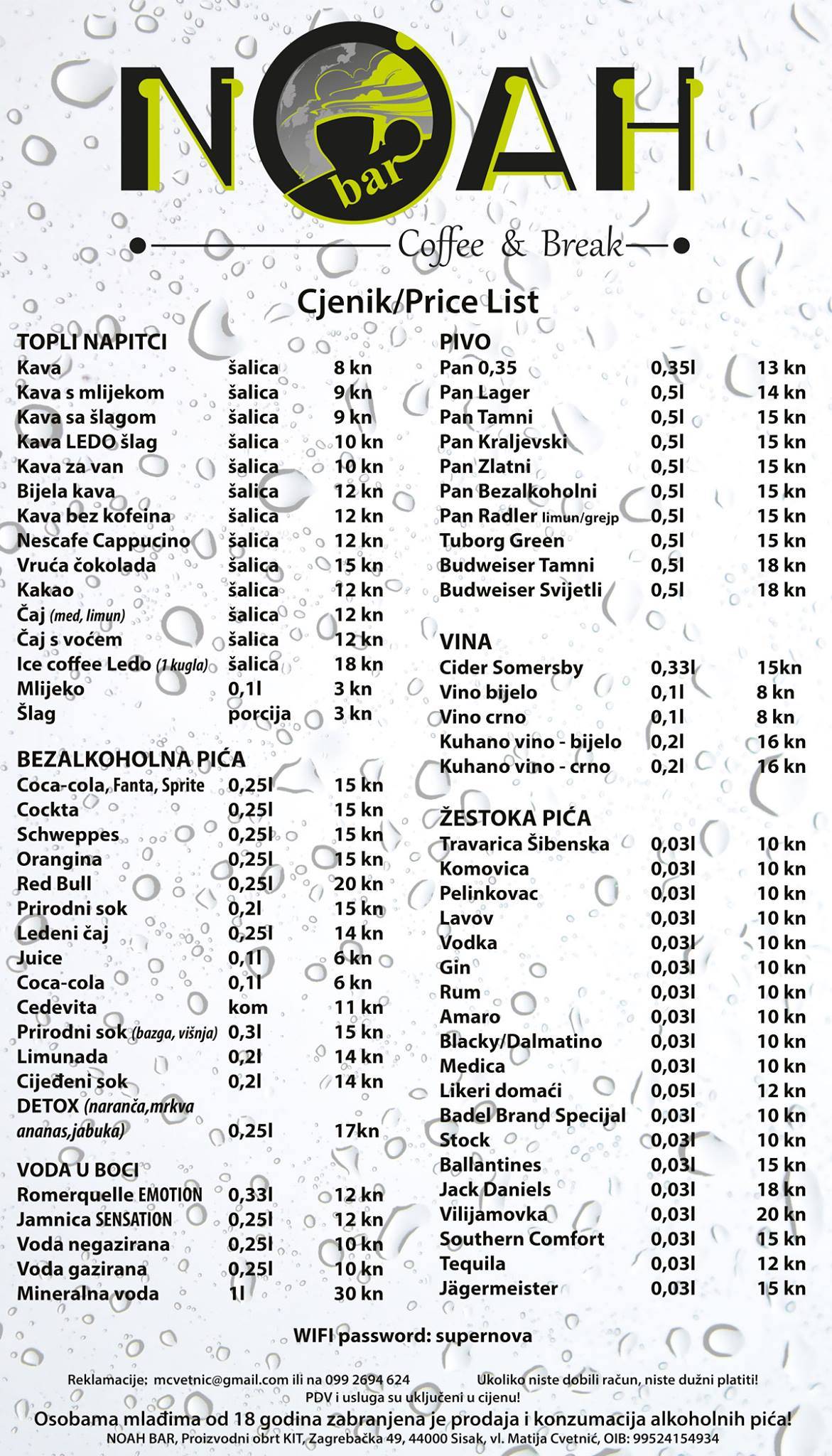 Menu da Noah caffè bar, Sisak