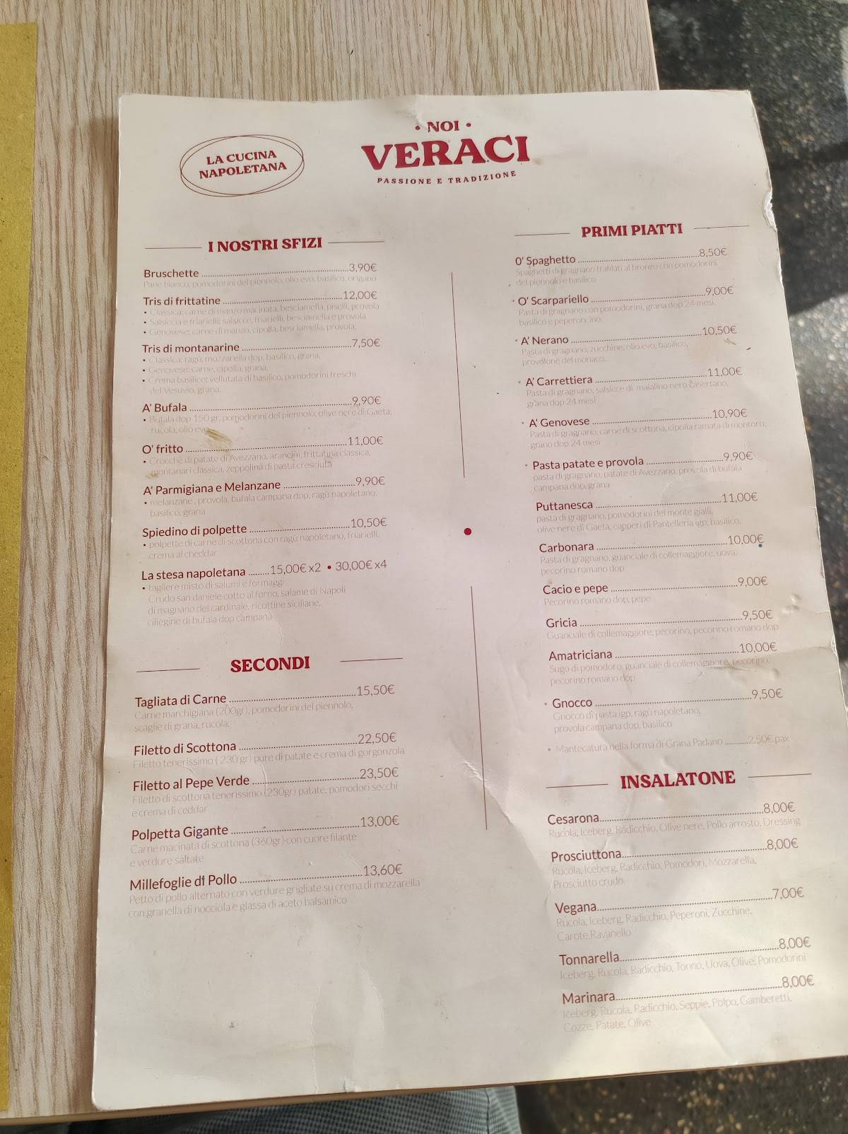 Menu au Noi Veraci restaurant, Rome