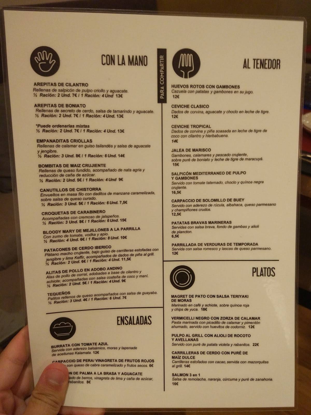 Carta del restaurante Nómada, Madrid