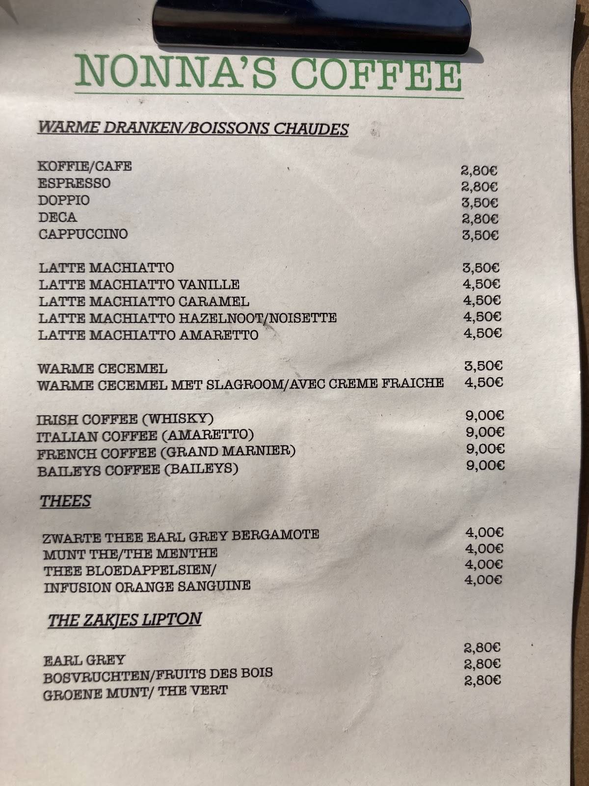 Menu at Nonna's coffee, De Panne