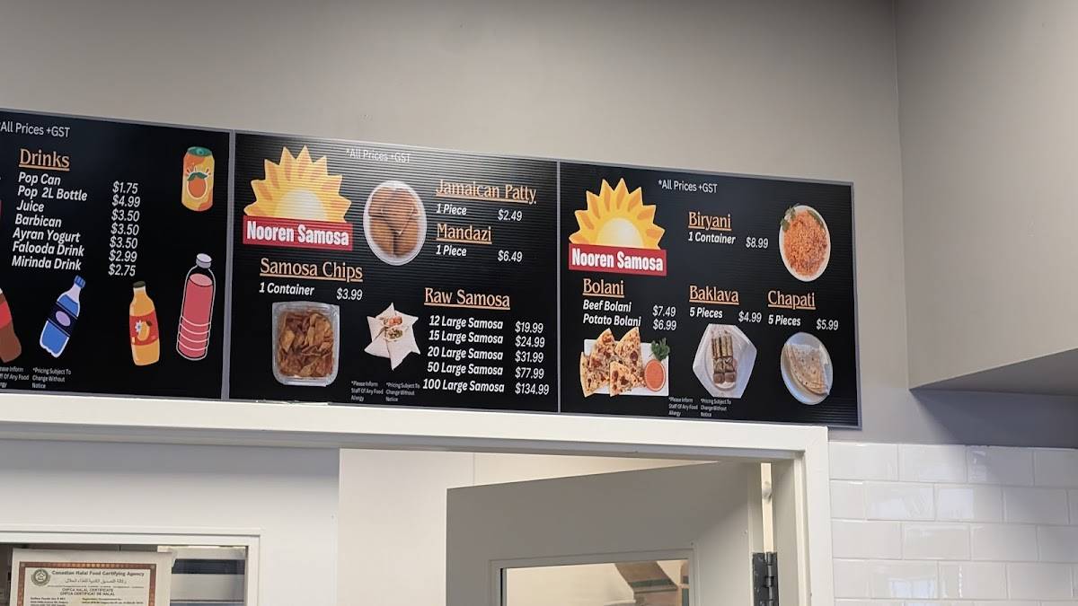 Menu at Nooren Samosa restaurant, Calgary