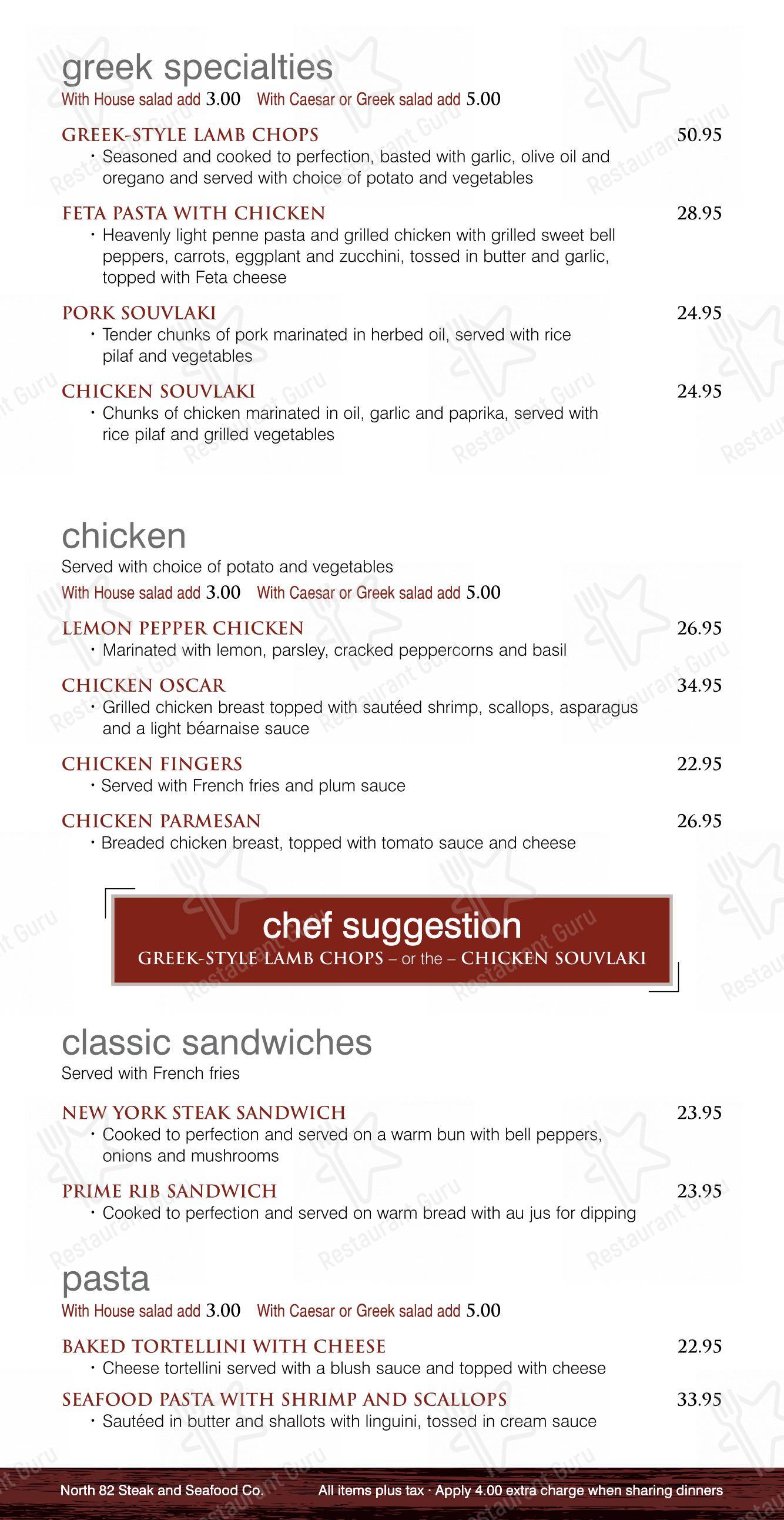 Menu at North 82 Steak & Seafood Co steakhouse, Sault Ste. Marie