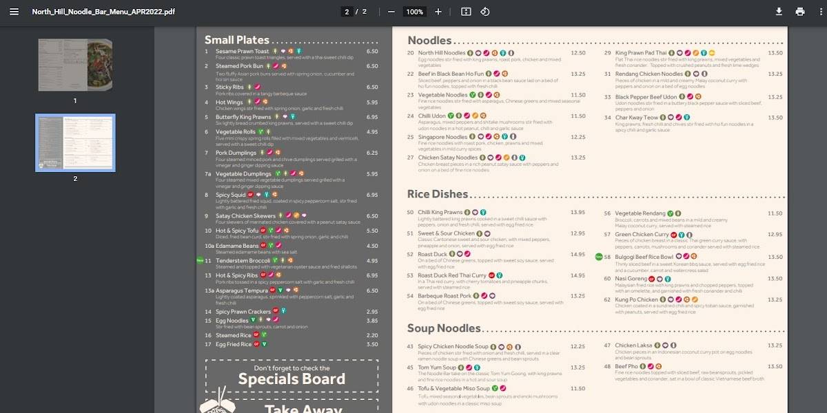 Menu at North Hill Noodle Bar, Colchester
