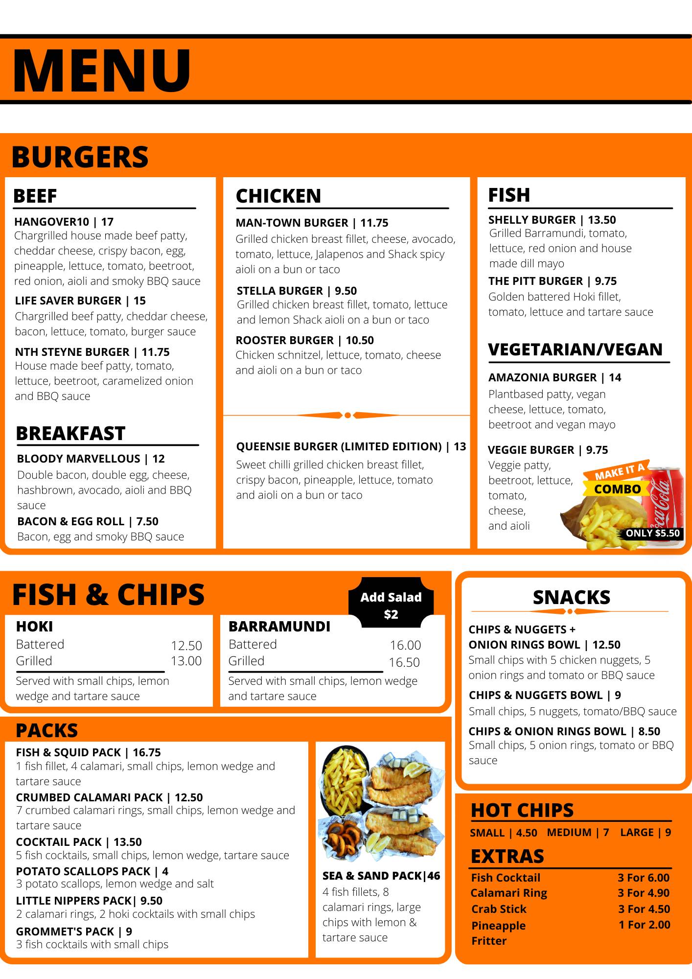 Menu at North Steyne Snack Shack fast food, Manly