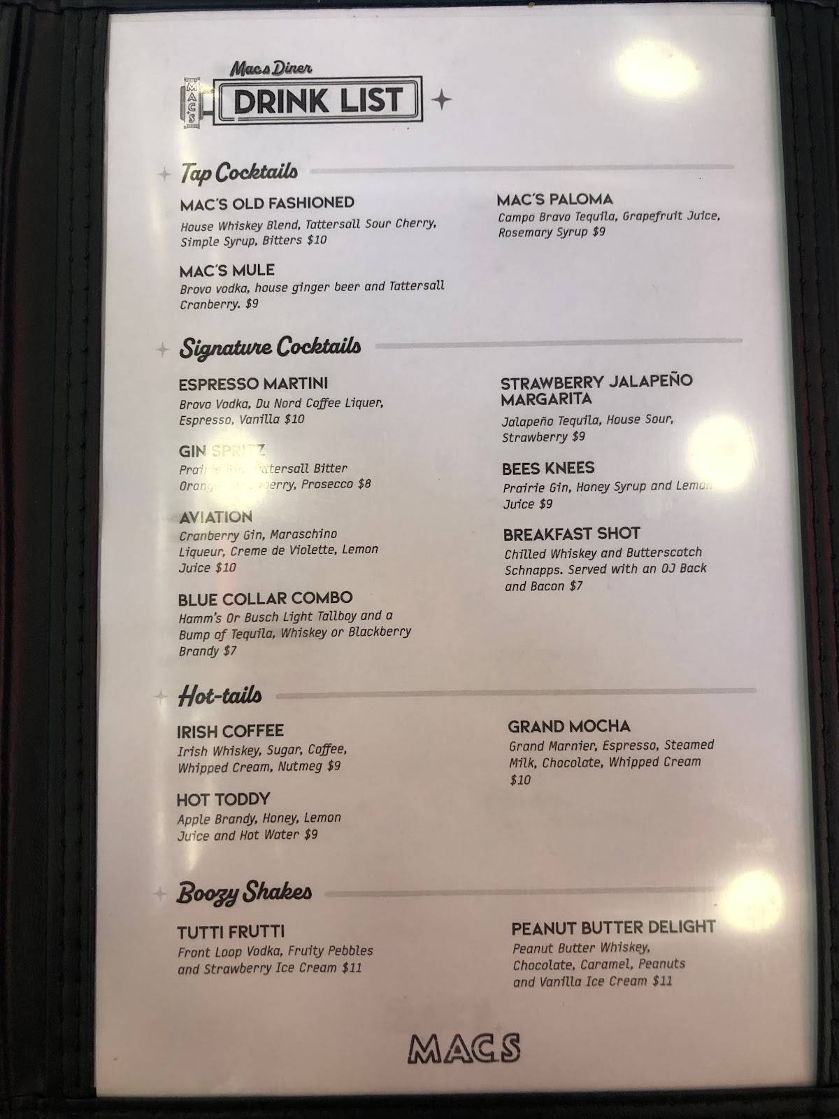 Menu at Mac's Diner restaurant, North Saint Paul