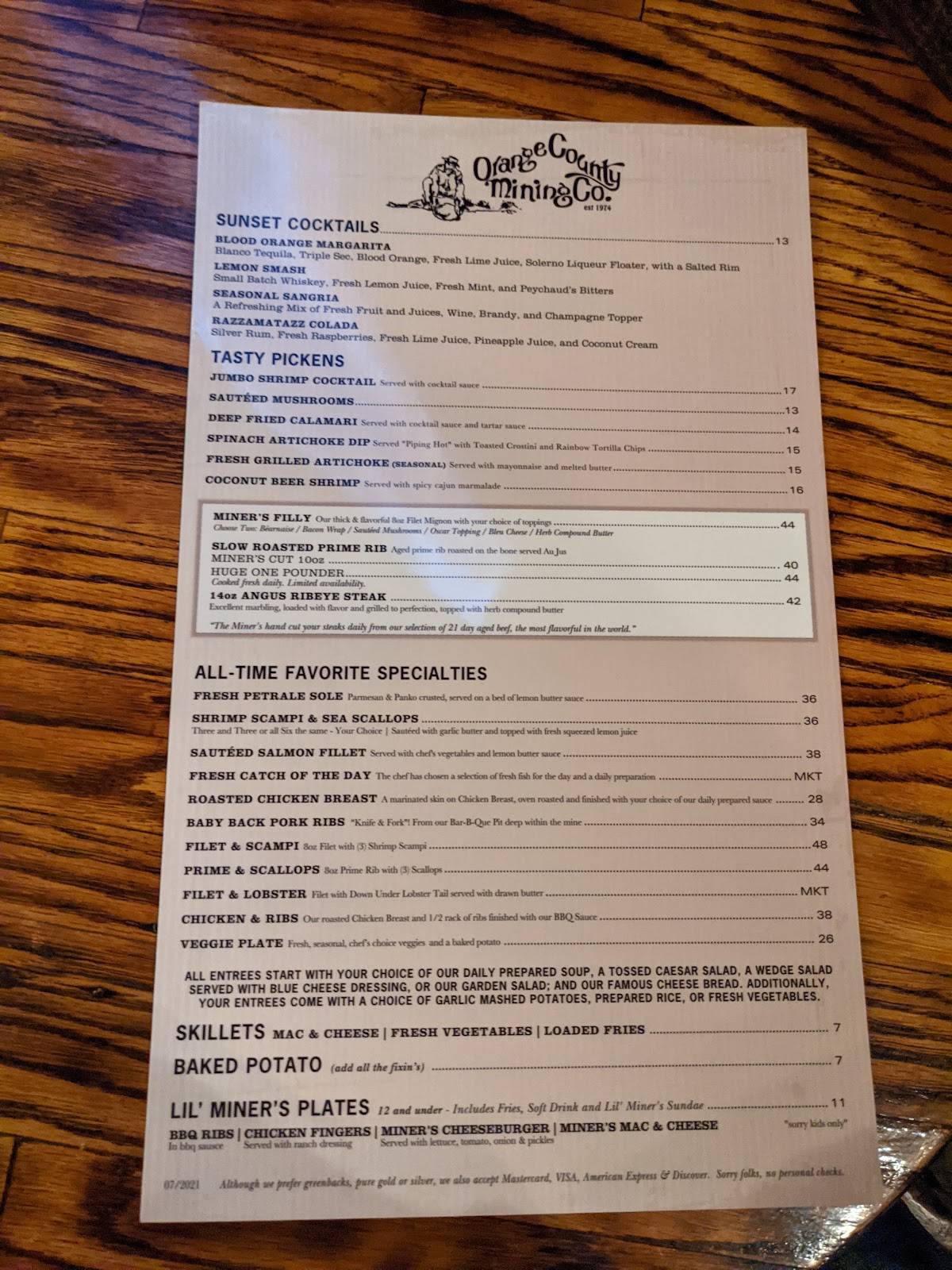 Menu at Orange County Mining Co pub & bar, Orange