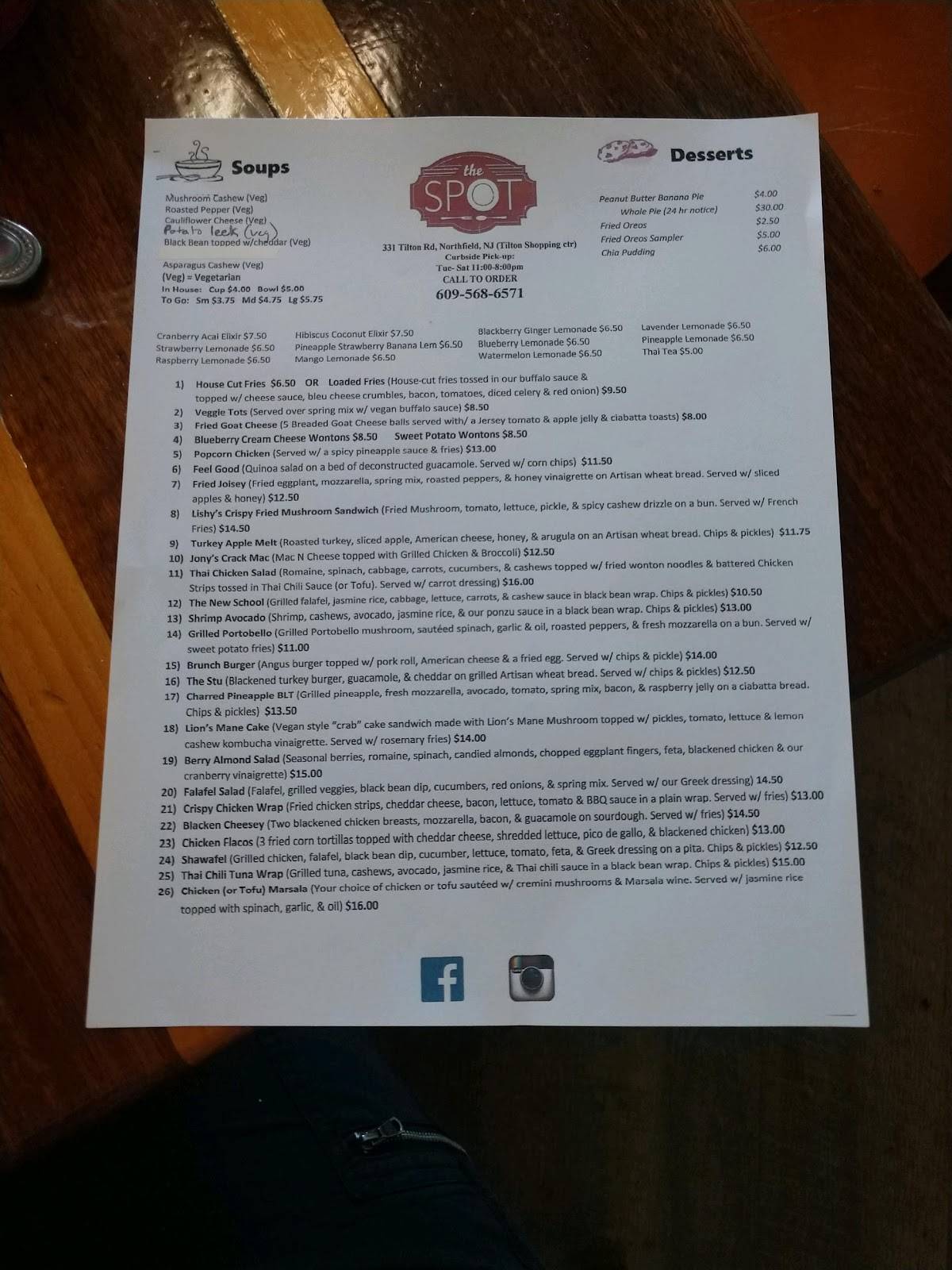 Menu at The Spot restaurant, Northfield