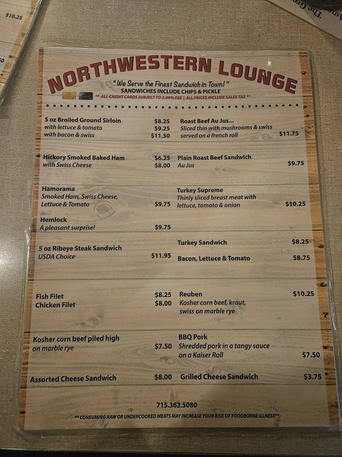 Menu at Northwestern Hotel pub & bar, Rhinelander