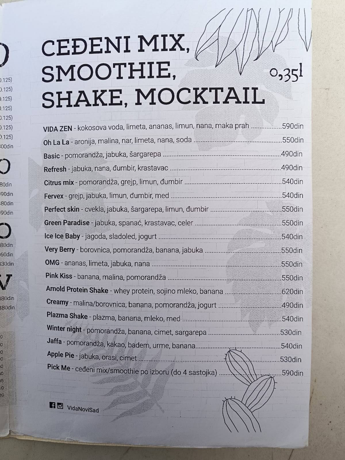 Menu at Vida Novi Sad restaurant, Novi Sad