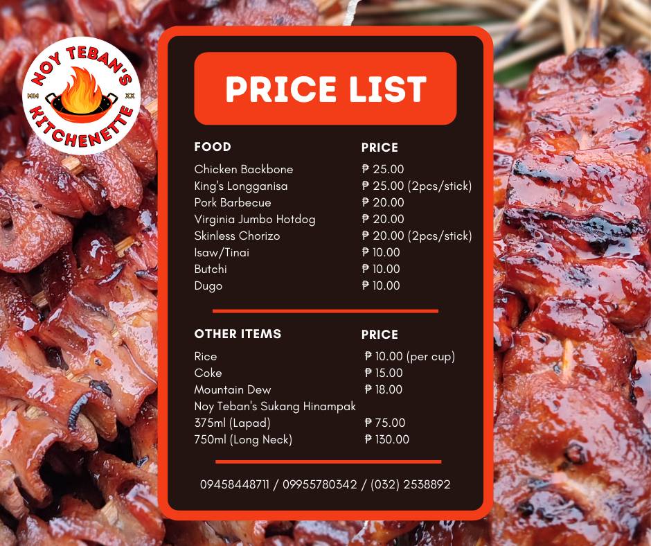 Menu at Noy Teban's Kitchenette restaurant, Cebu City