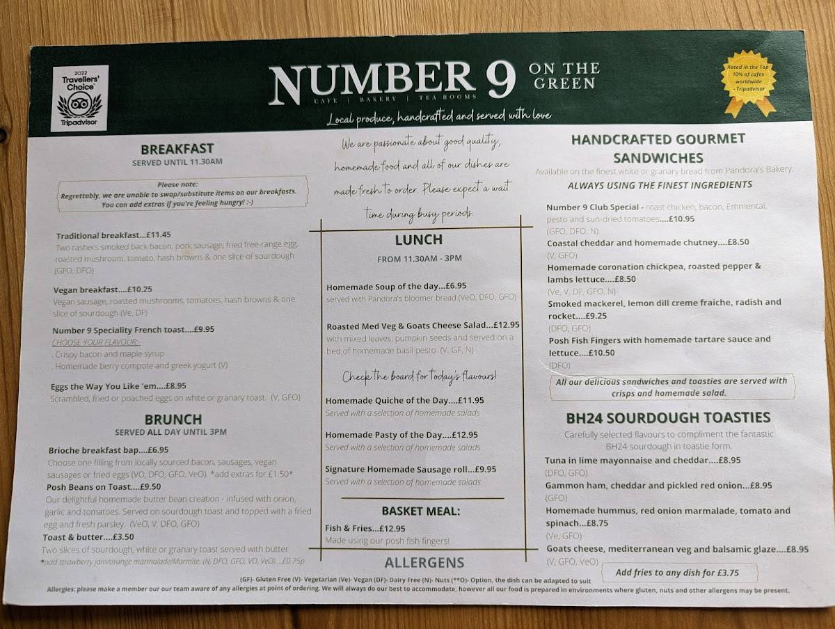 Menu at Number 9 on the green pub & bar, Wimborne Minster