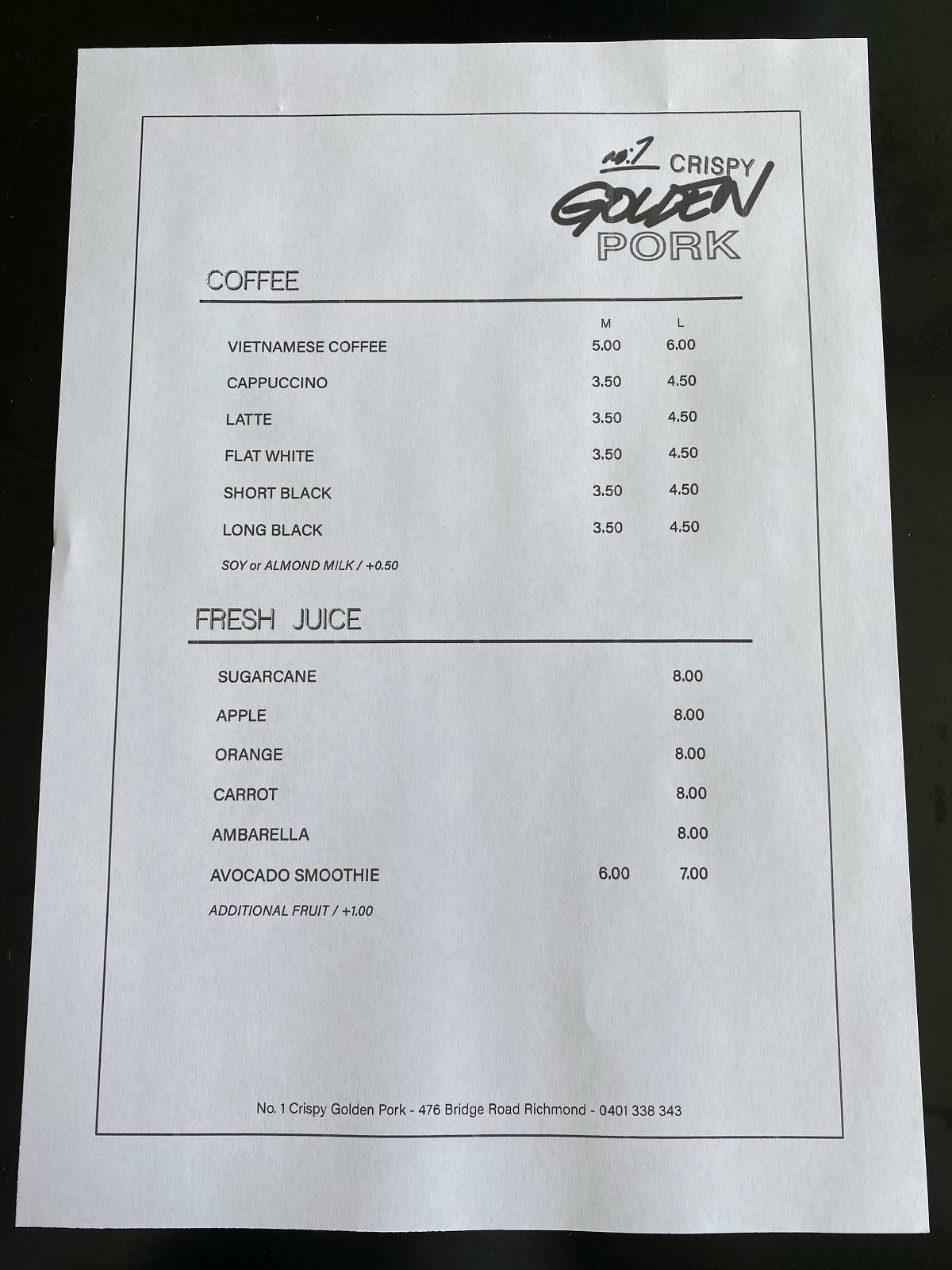 Menu at Number One Crispy Golden Pork cafe, Richmond
