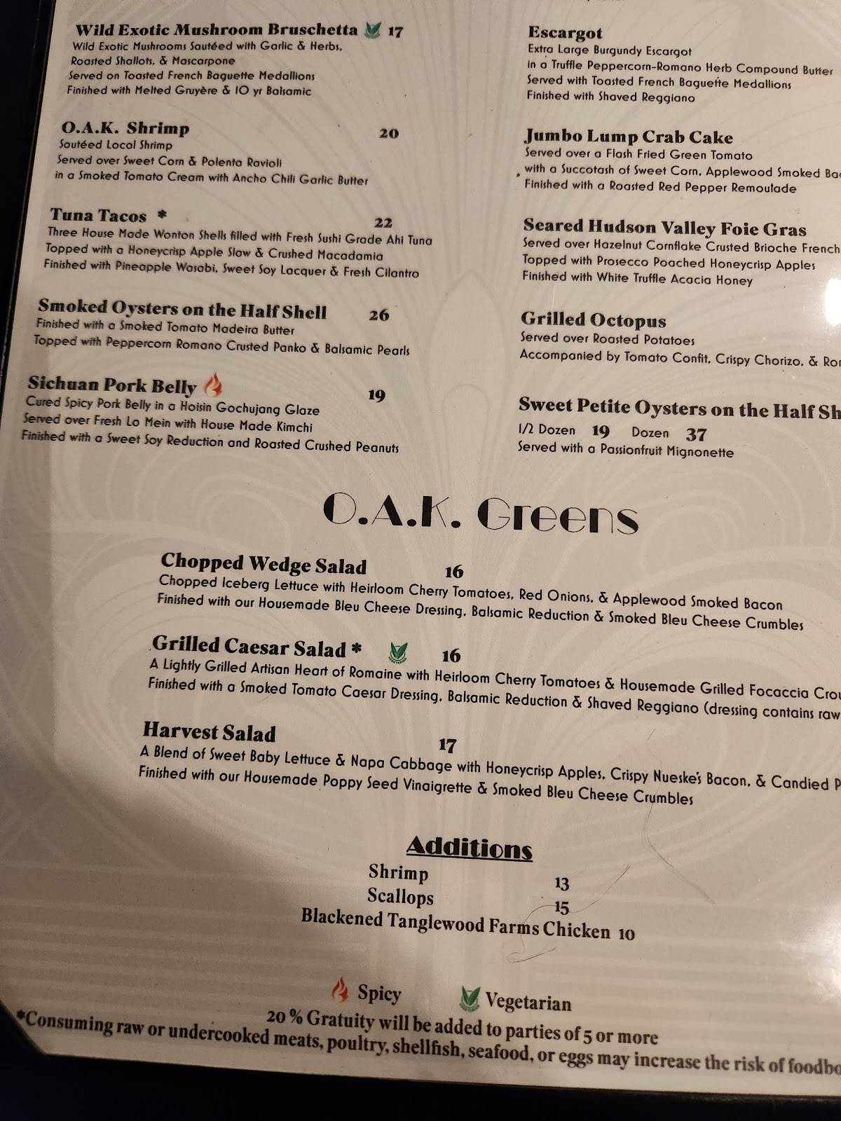 Menu at O.A.K. Prime Kitchen and Bar, Myrtle Beach