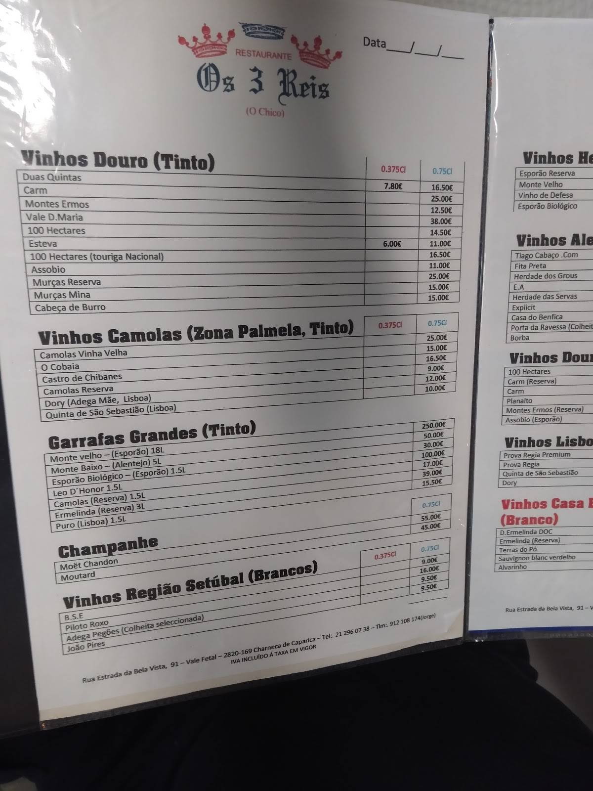 Menu em O Chico os 3 Reis restaurante, Charneca de Caparica