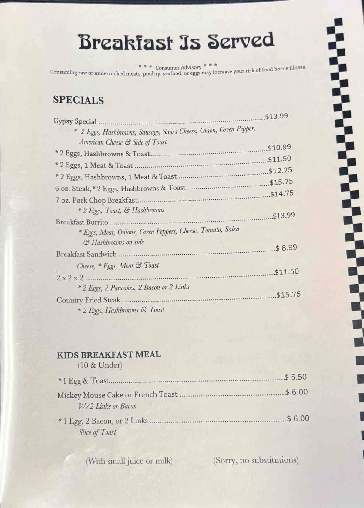 Menu at O J's Diner restaurant, Marshalltown
