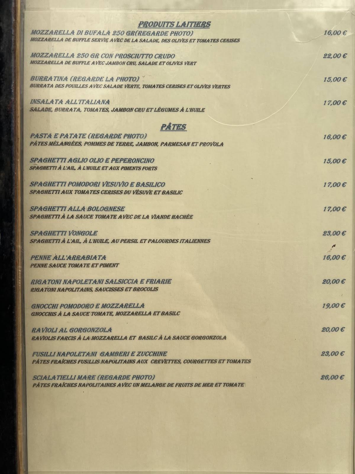 Menu au O' Sole Mio restaurant, Menton