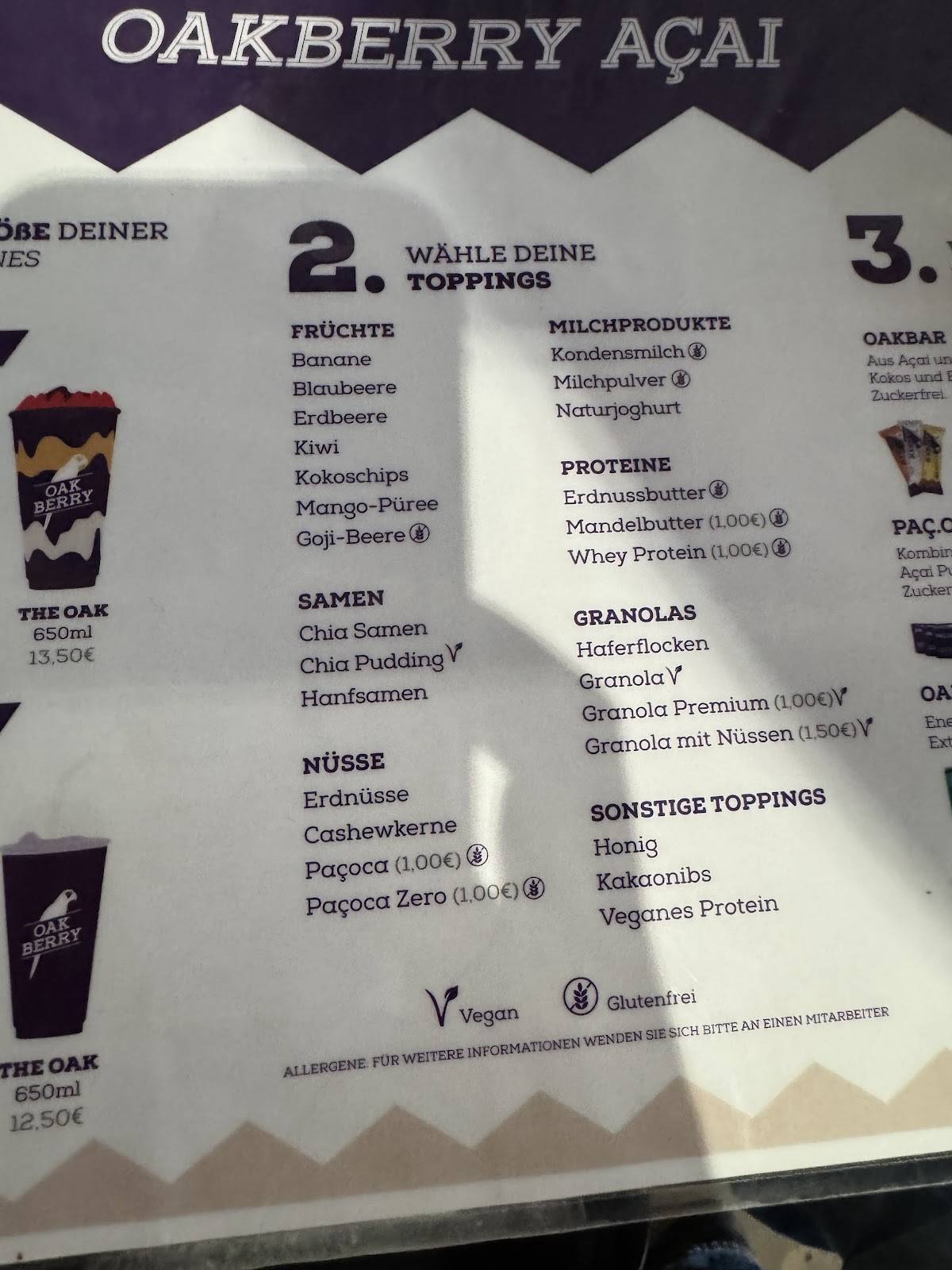 Menu at OAKBERRY Açaí Bowls restaurant, Düsseldorf
