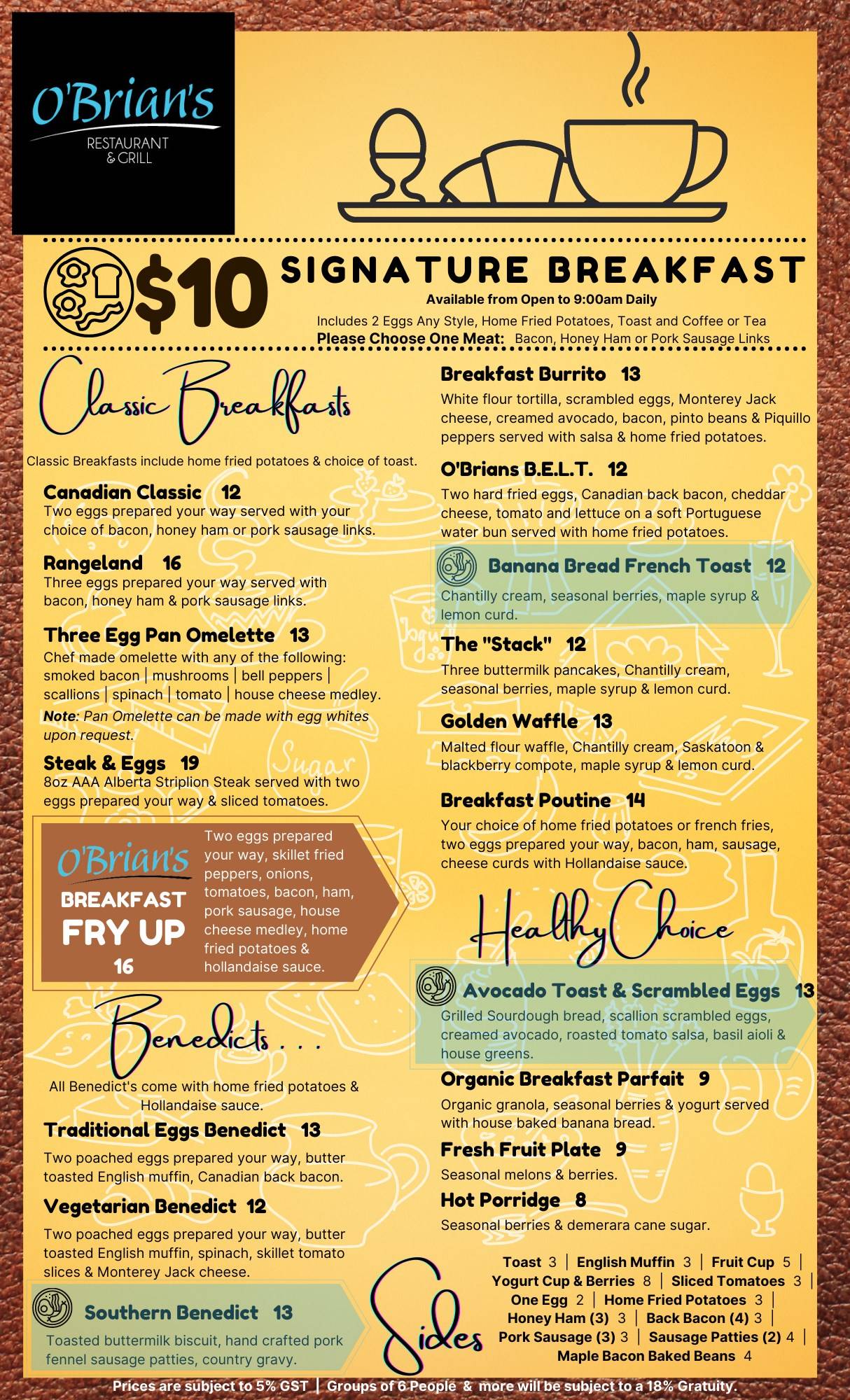 Menu at O'Brian's Restaurant & Grill, Leduc