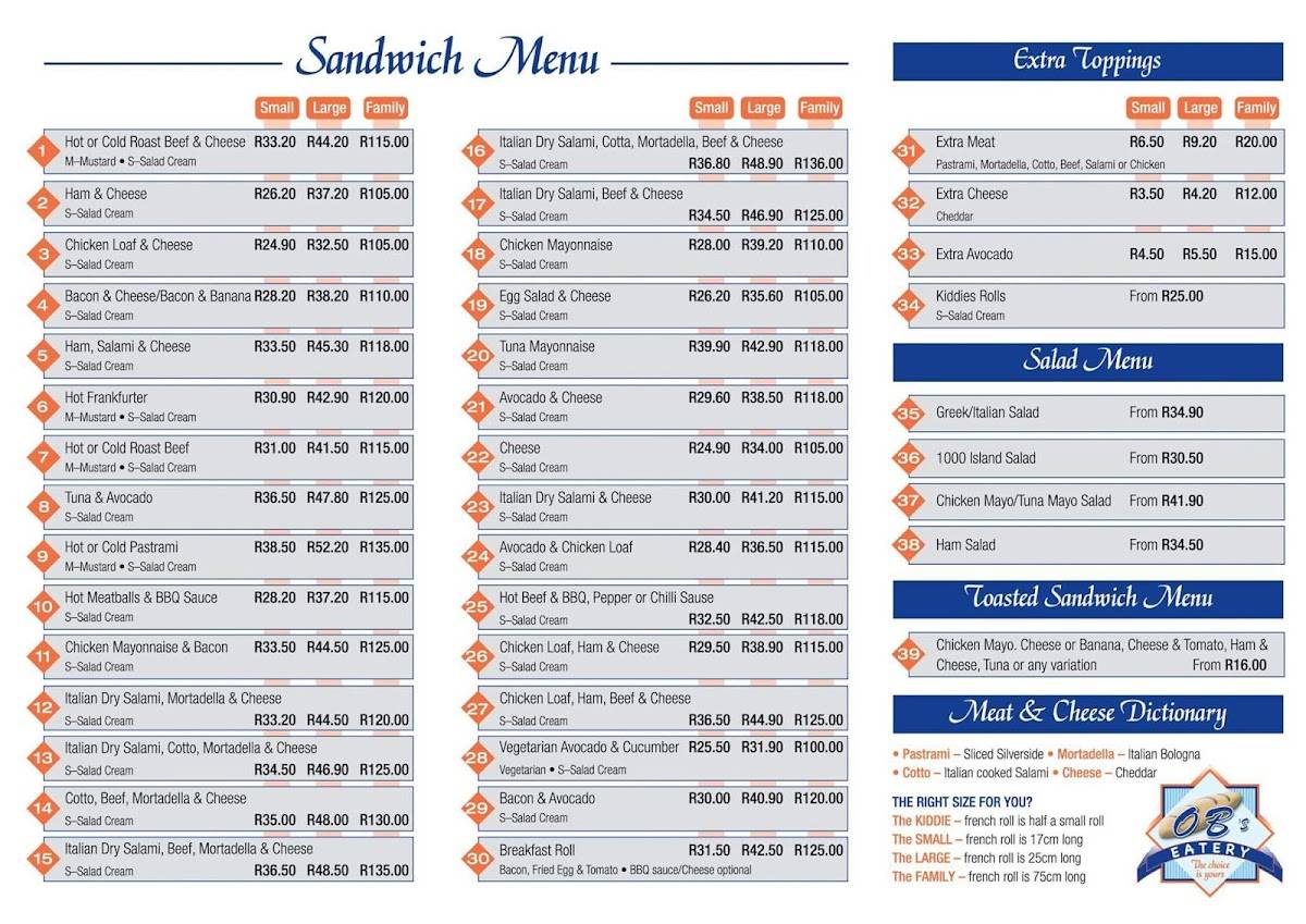 Menu at OBs Eatery Edenvale (Harmelia) restaurant, Edenvale