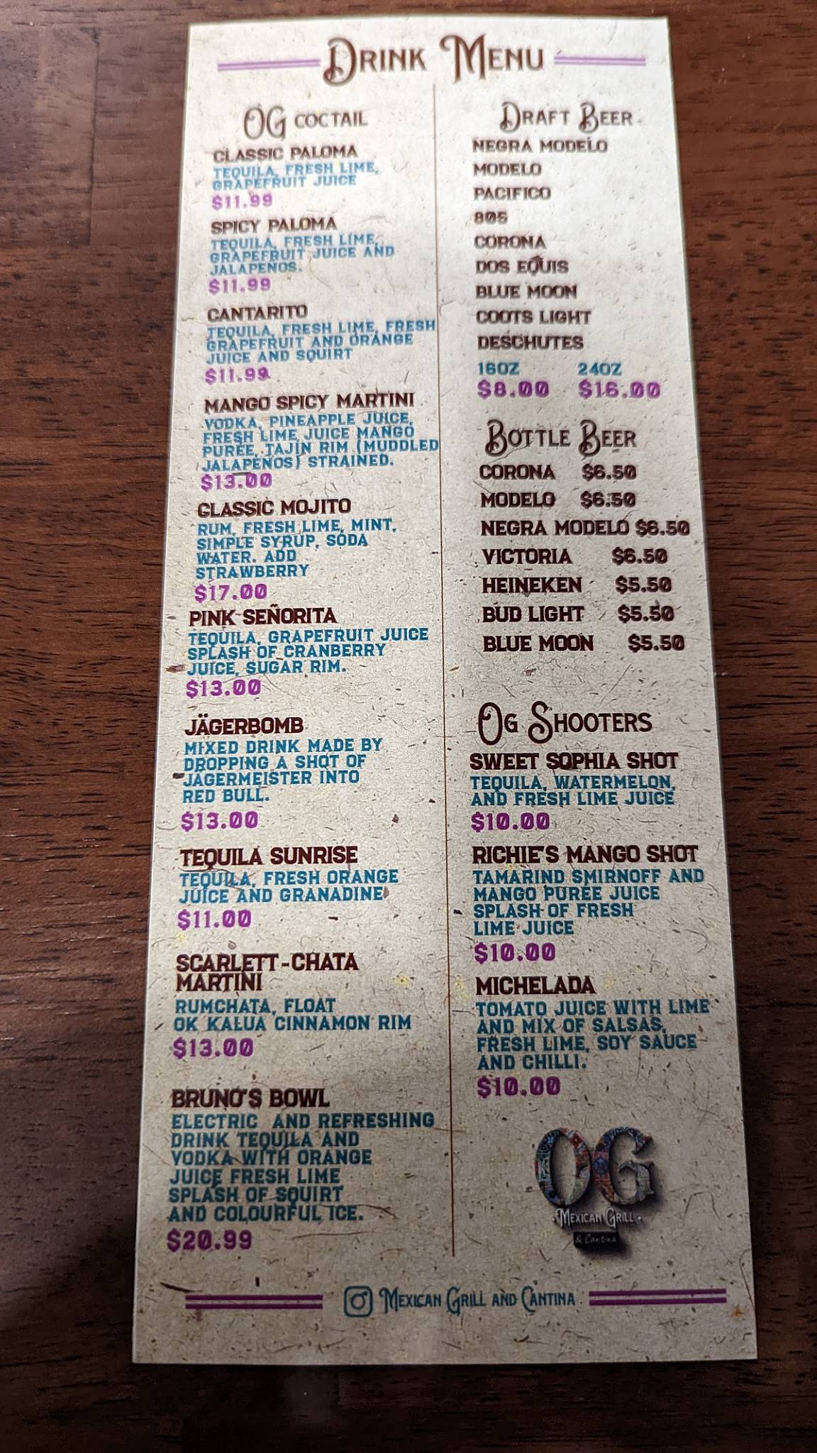 Menu at OG Mexican grill and cantina pub & bar, Aloha