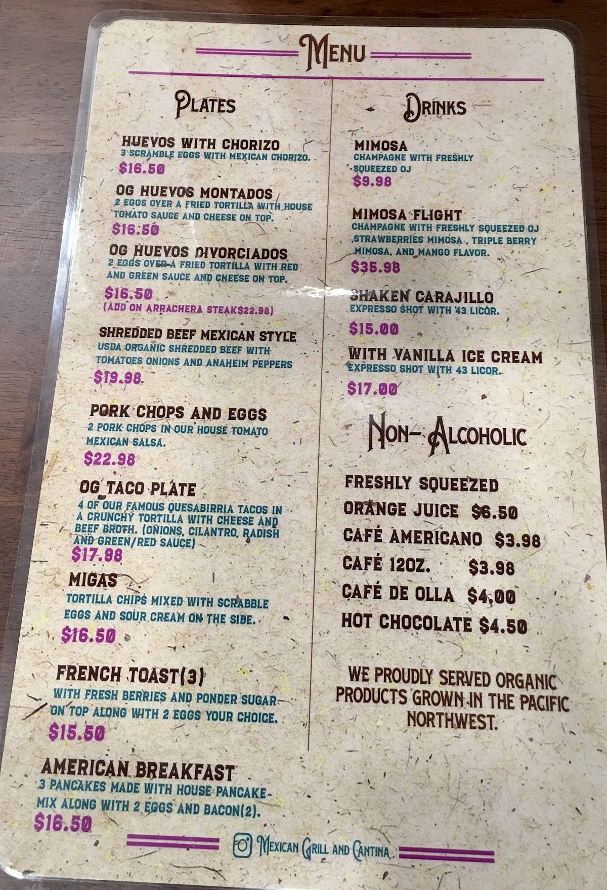 Menu at OG Mexican grill and cantina pub & bar, Aloha