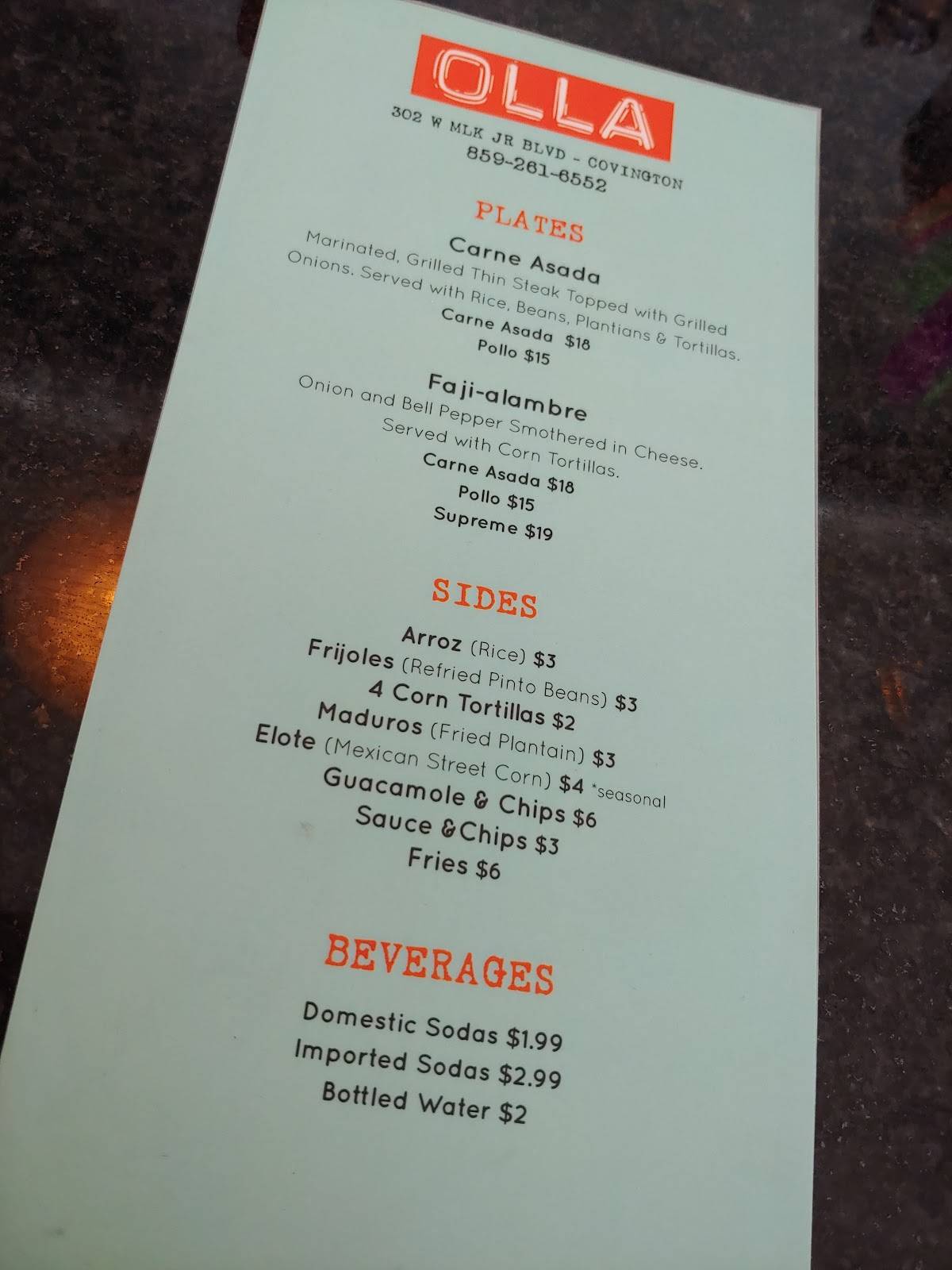 Menu at OLLA Taqueria restaurant, Covington