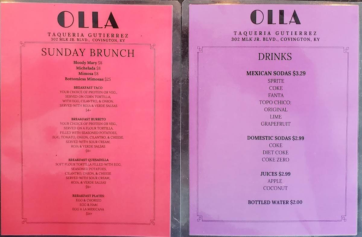 Menu at OLLA Taqueria restaurant, Covington