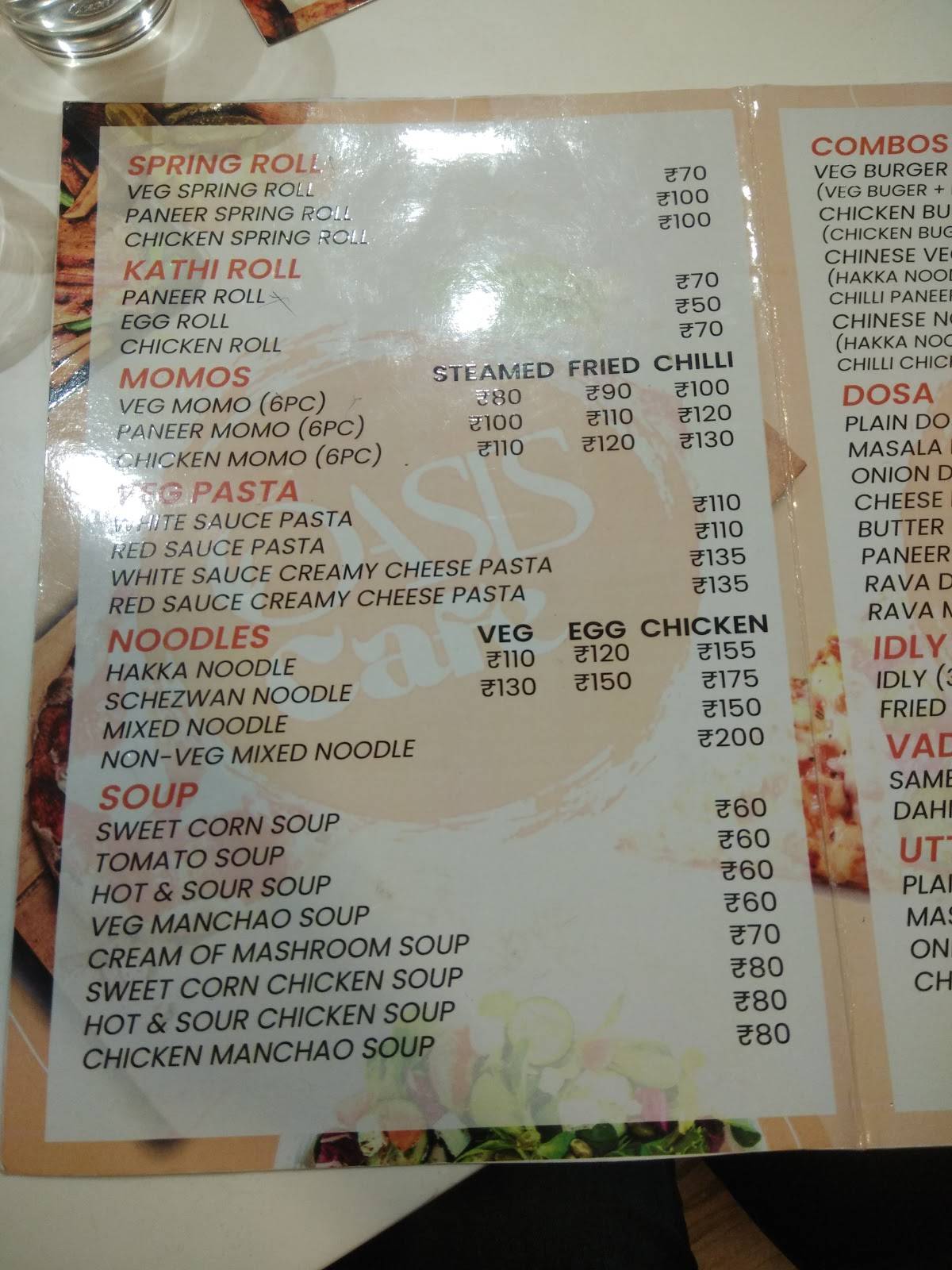 Menu at Oasis Cafe, Barakar