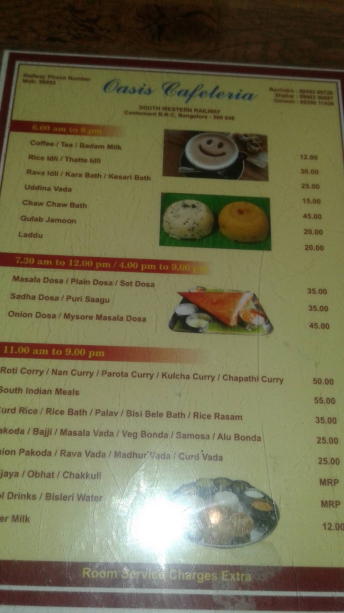 Menu at Oasis Cafeteria, Bengaluru