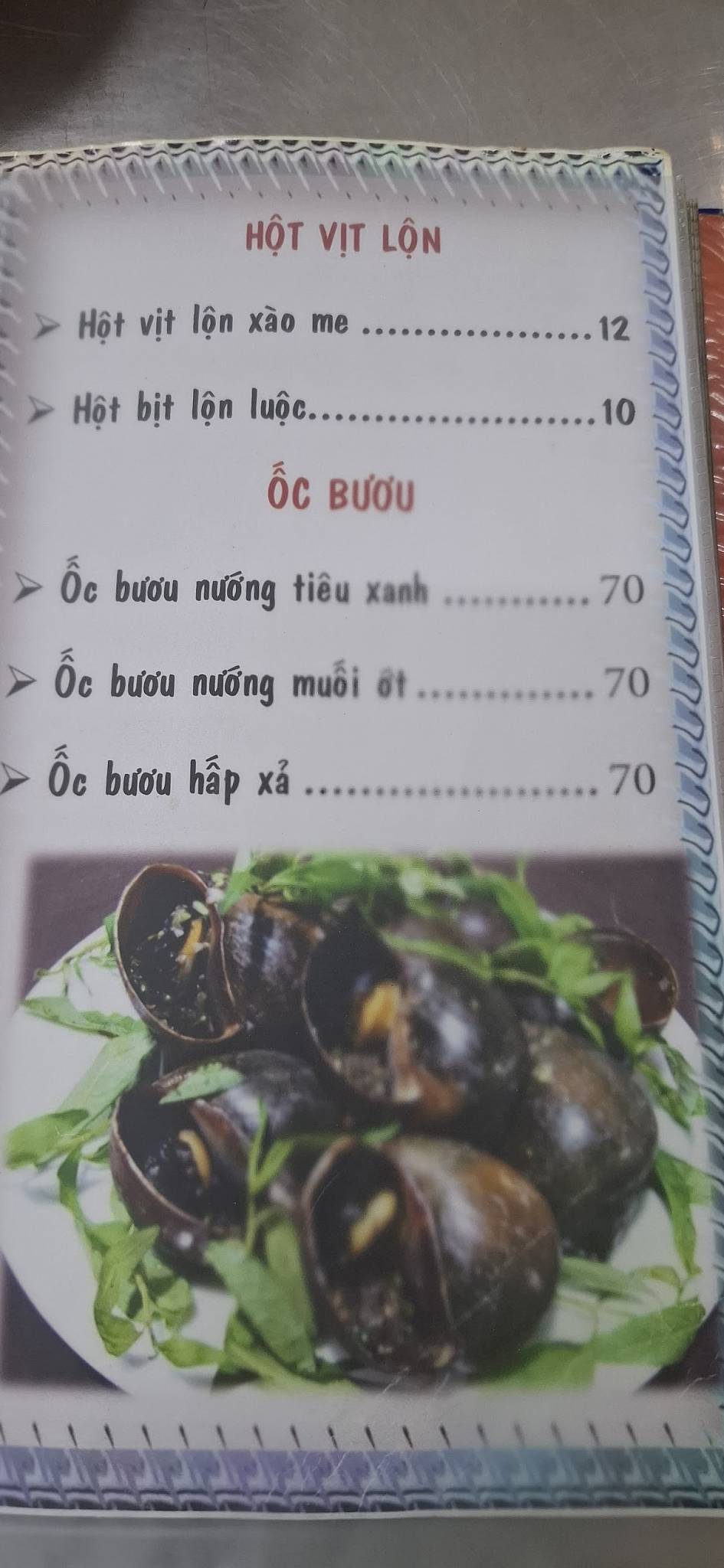 Menu at Ốc Chú Lùn, Ho Chi Minh City