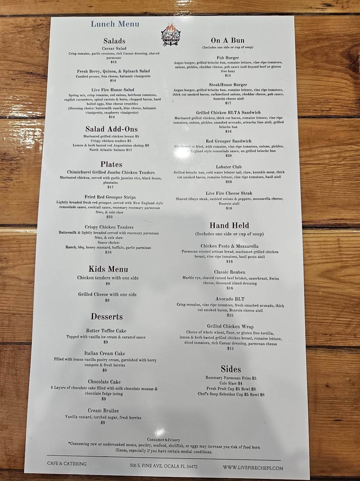 Menu at Live Fire Chefs restaurant, Ocala