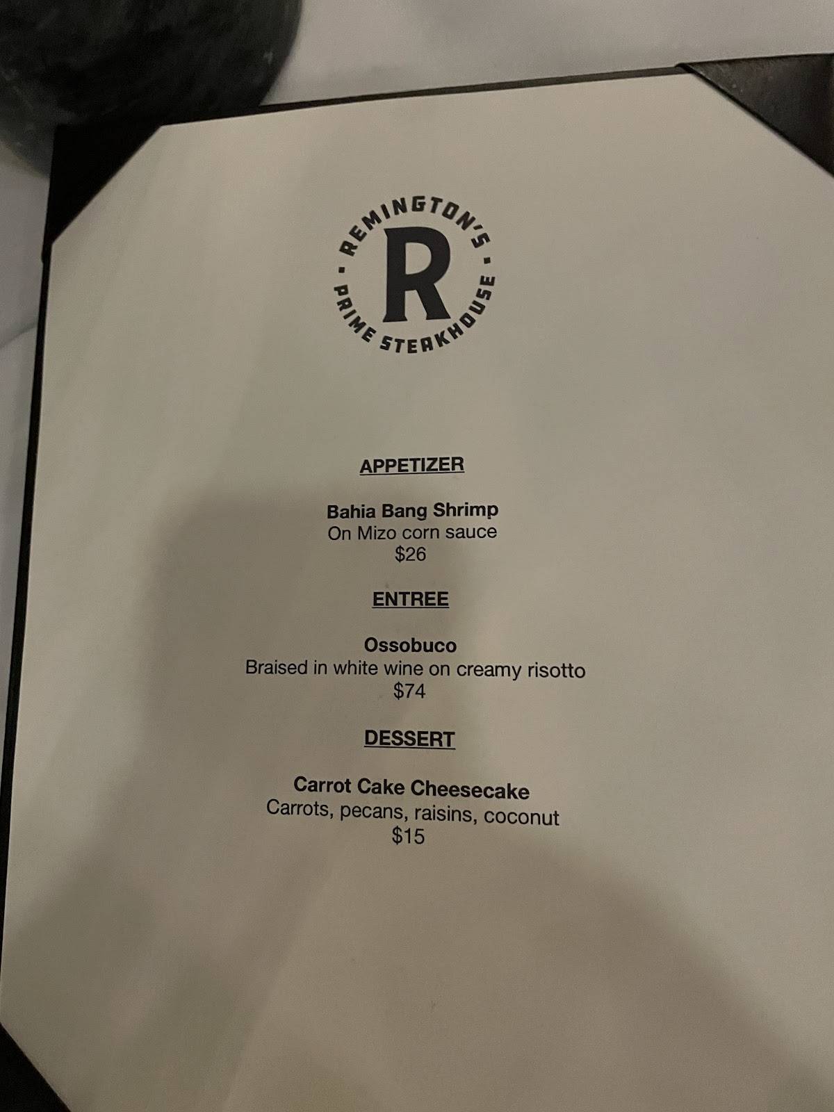 Menu at Remington’s Prime Steakhouse, Ocala