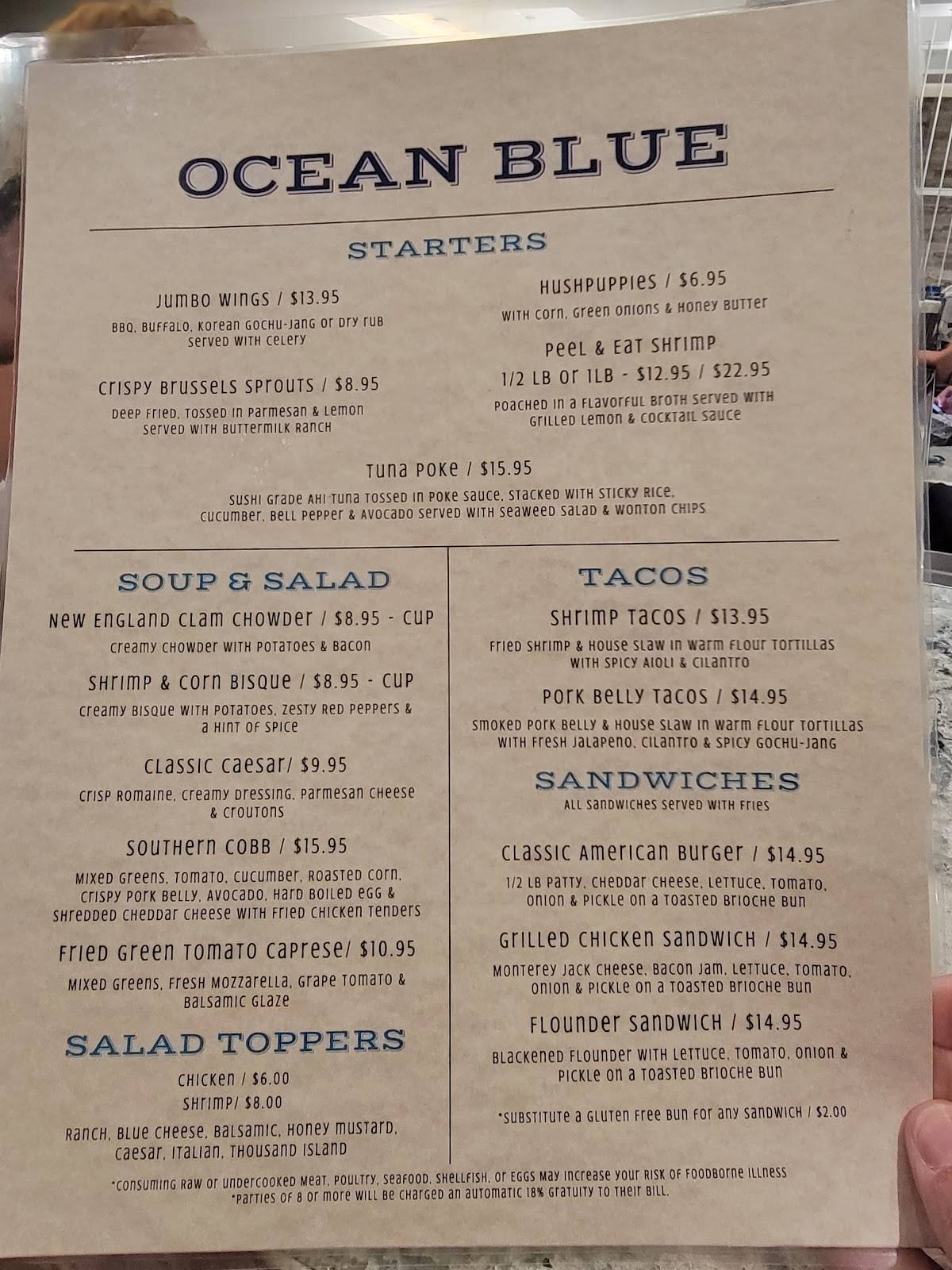 Menu at Ocean Blue Restaurant, Myrtle Beach, S Ocean Blvd