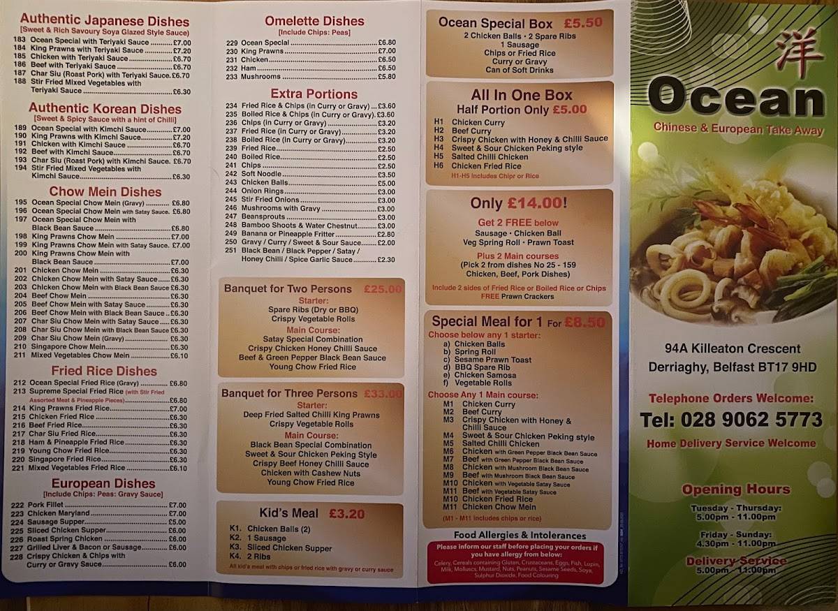 Menu at Ocean Chinese restaurant, Belfast