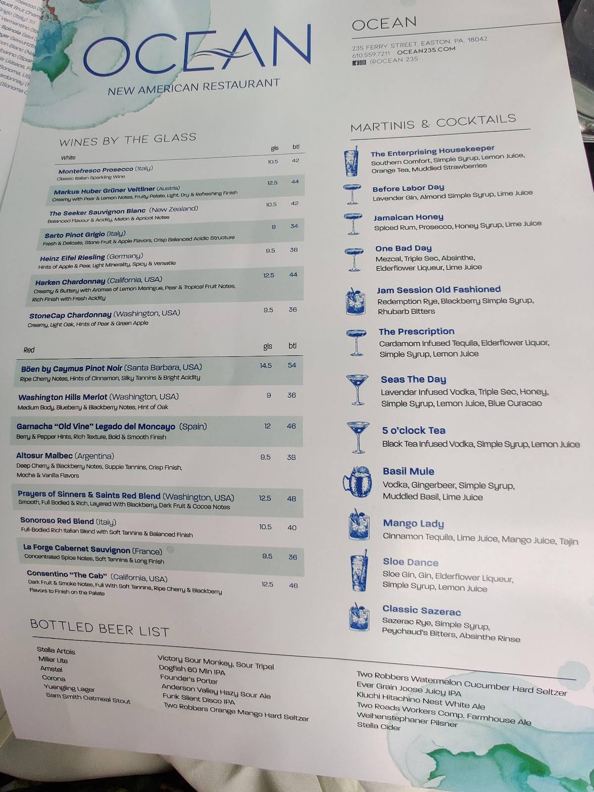Menu at Ocean restaurant, Easton