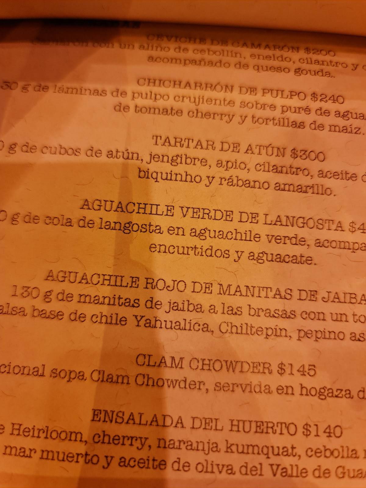 Carta de Octo Restaurante, Guadalajara