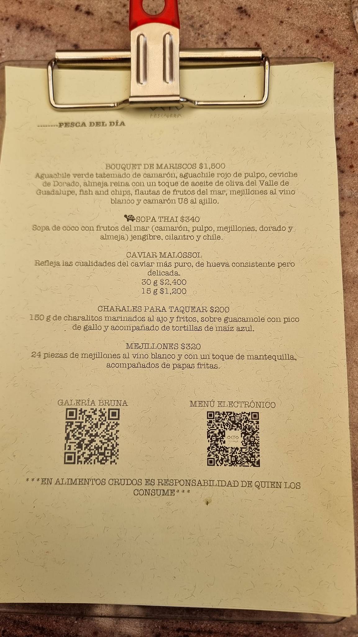 Carta de Octo Restaurante, Guadalajara